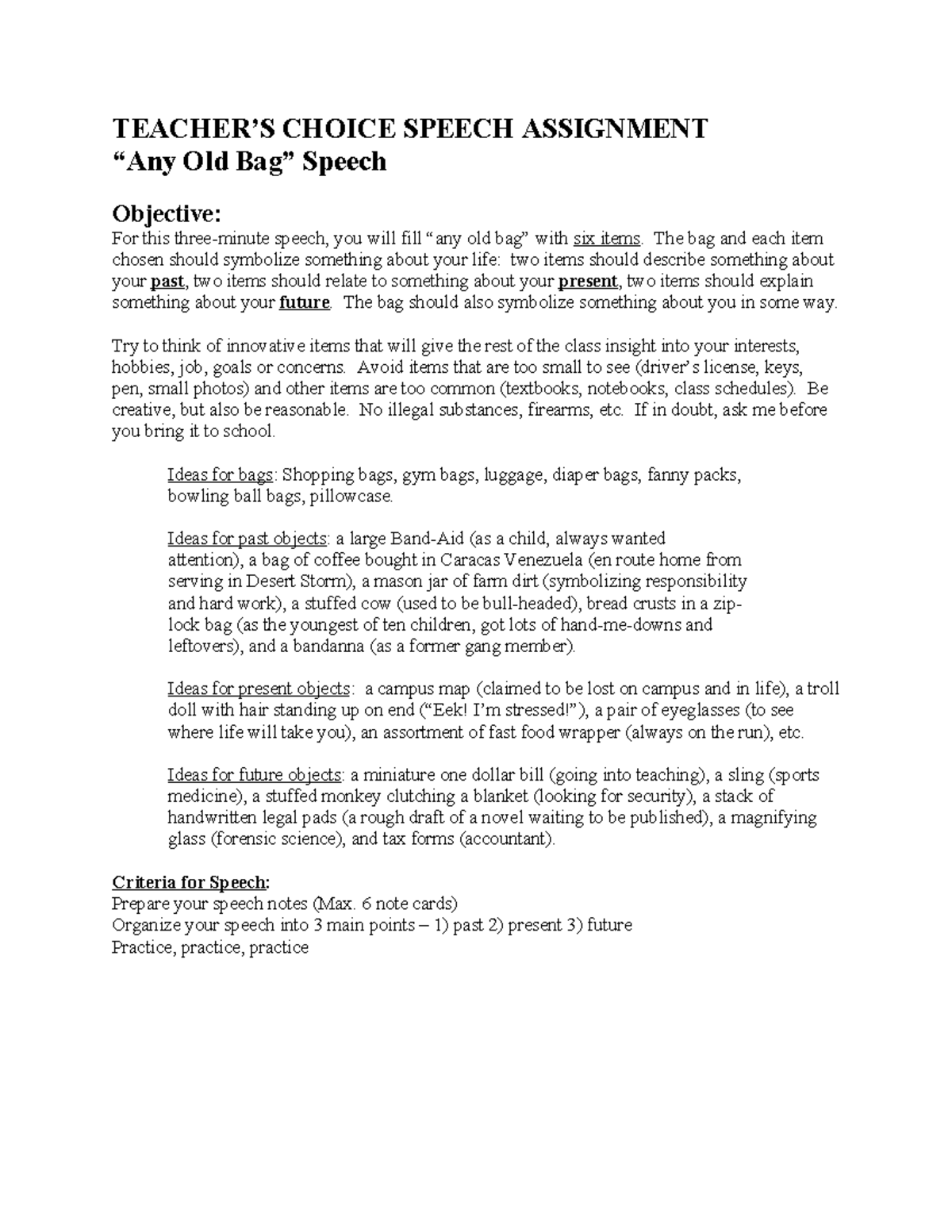 COMM 101 Any Old Bag Speech Assignment Guide and Ideas - Studocu
