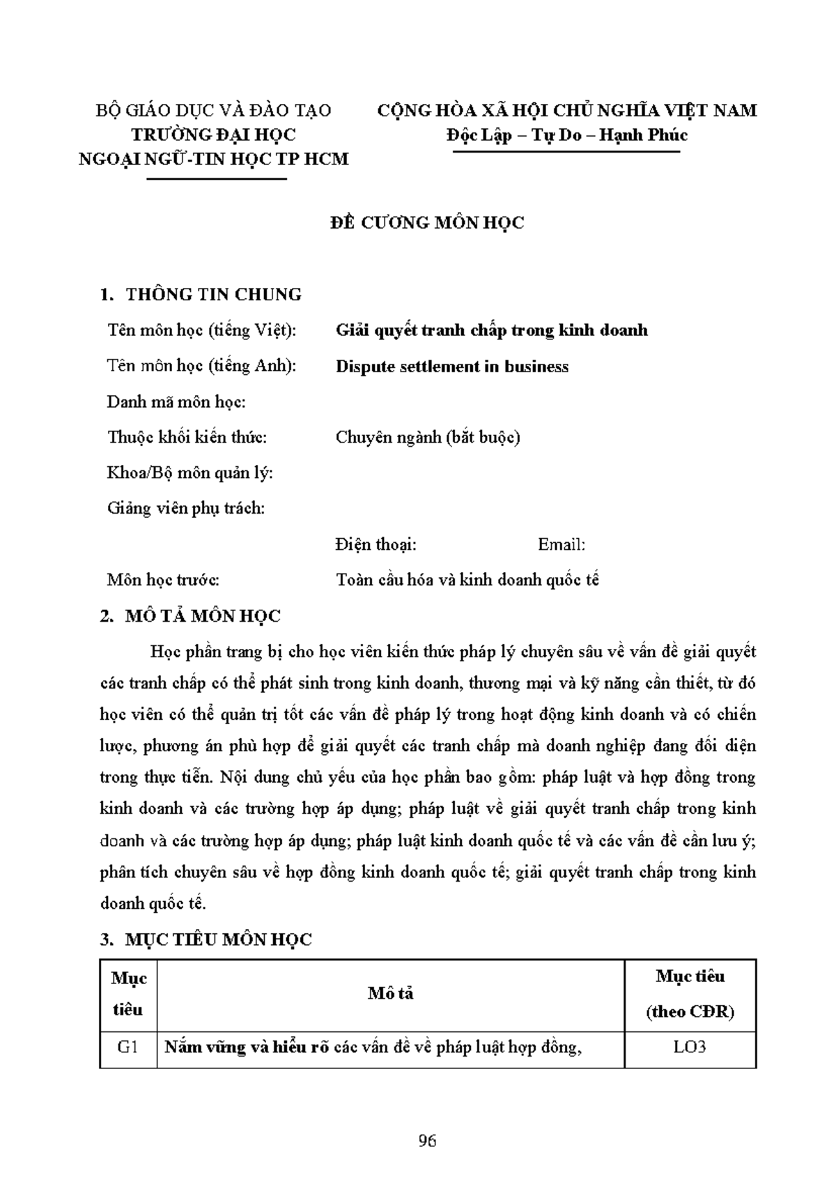 Đề cương môn học: Giải quyết tranh chấp trong kinh doanh (Môn: GDTB ...