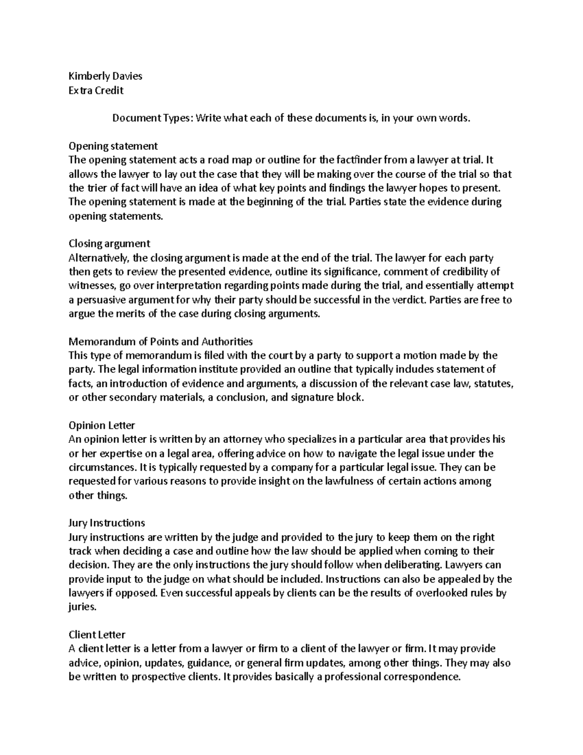 K. Davies Extra Credit: Legal Document Types Explained - Studocu