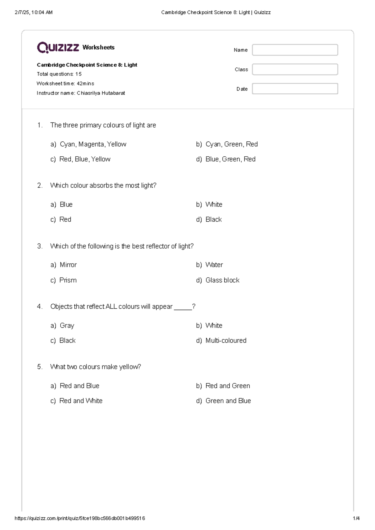 Cambridge Checkpoint Science 8: Light Worksheet Answers & Key - Studocu