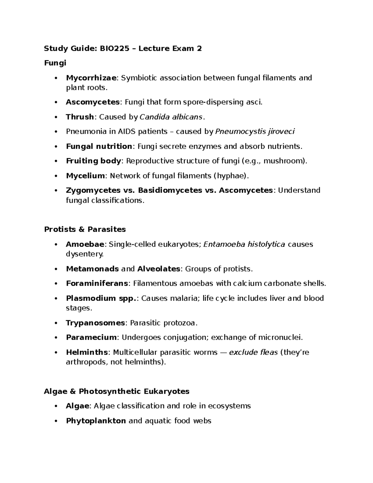 Study Guide: BIO225 Lecture Exam 2 on Fungi, Protists, and Viruses ...