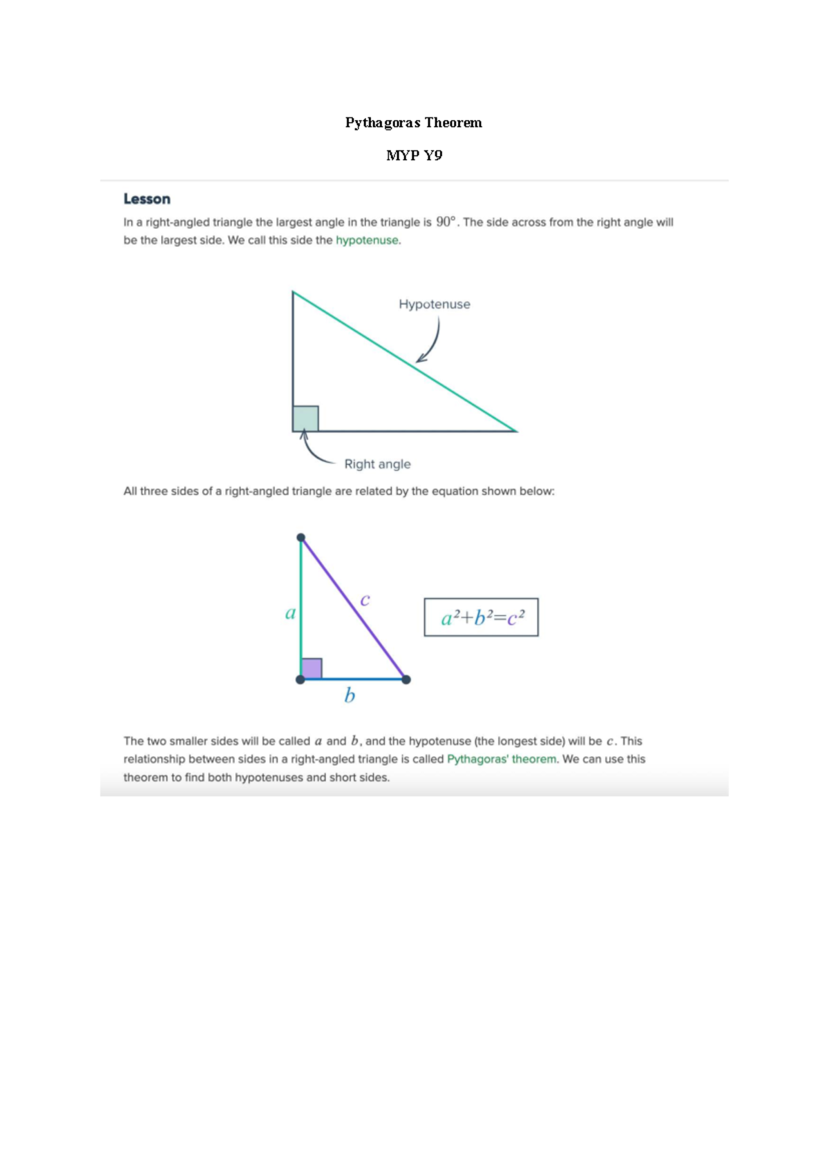 Pythagoras Theorem MYP Y9 Lesson: Practice Problems and Solutions - Studocu
