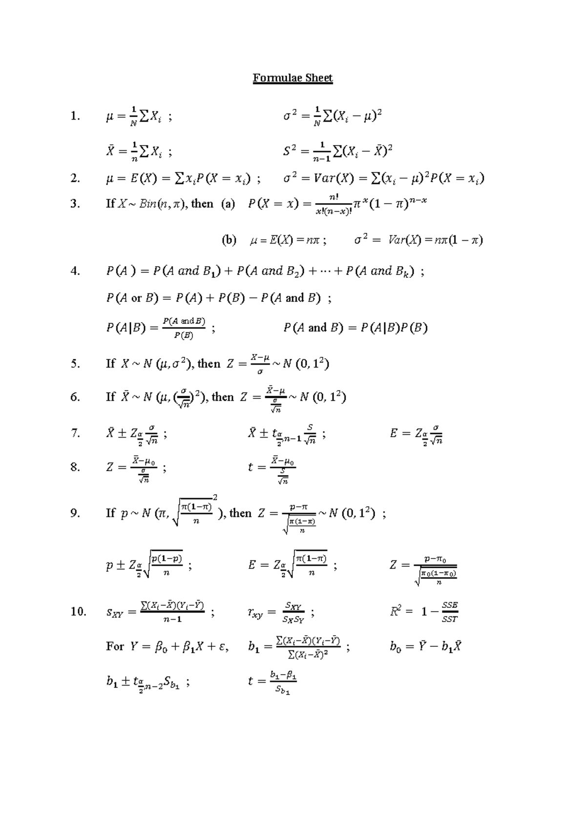 Statistics Formulae Sheet for Course MATH101 - Studocu