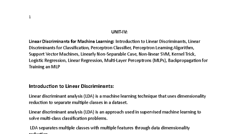 ML UNIT-IV: Linear Discriminants, SVM, and Regression Techniques - Studocu
