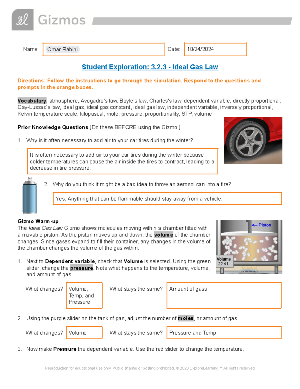 Ideal Gas Law Exploration - Gizmo Activity (Physics 3.2) - Studocu
