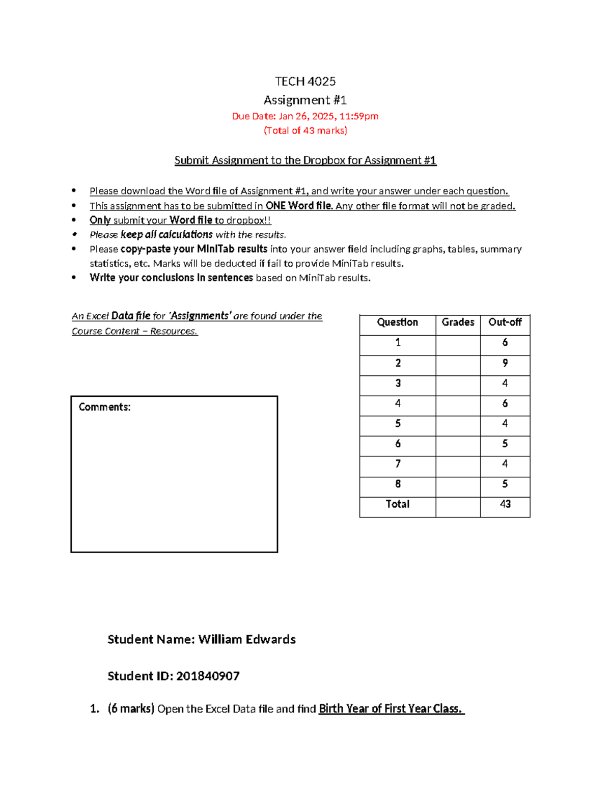 Assignment 1 - TECH 4025 - Winter 2025: Data Analysis & Minitab ...