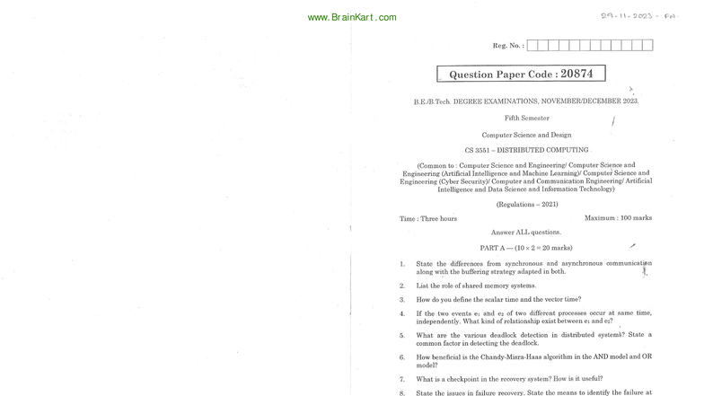 Distributed Computing - CS3551 2023 Nov Dec Question Paper - Studocu