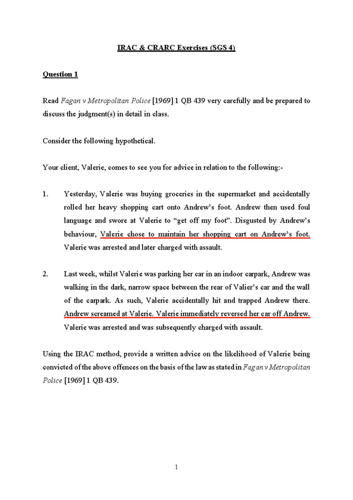 IRAC Analysis of Valerie's Case Scenarios (SGS 4) - Studocu