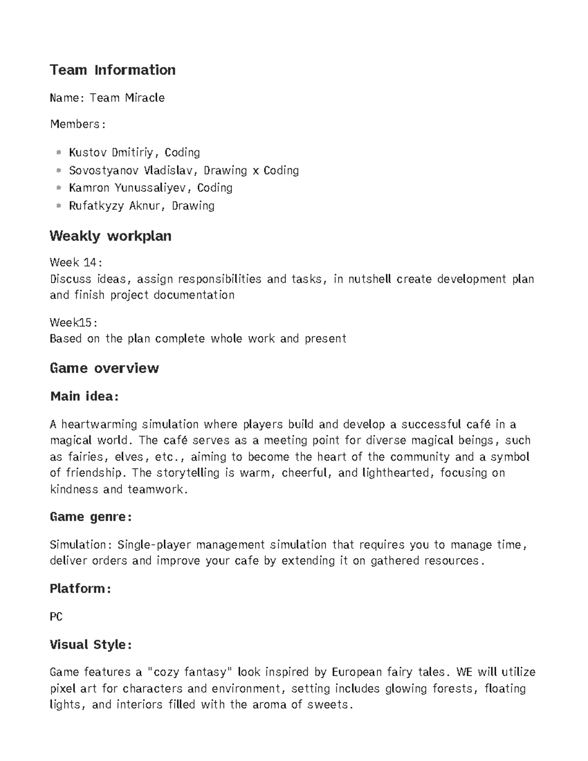 Game Design Documentation: Team Miracle Project Overview - Studocu
