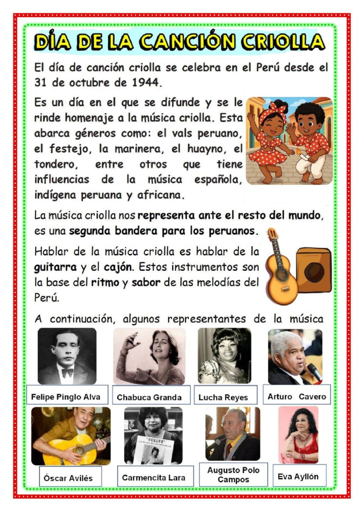 DÍA DE LA CANCIÓN CRIOLLA - Celebración y Representantes - Studocu
