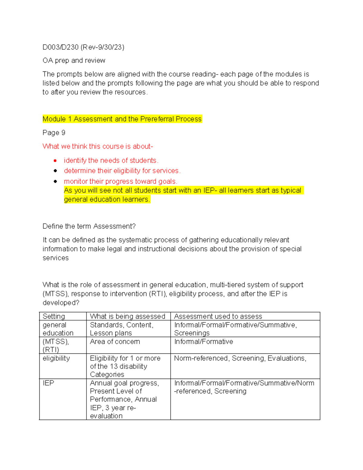 D230 OA Prep Notes: Assessment and Eligibility Criteria Insights - Studocu