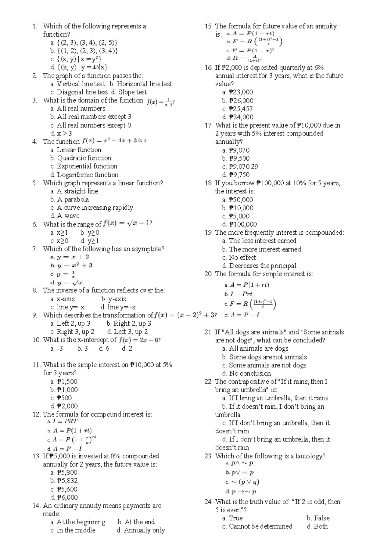 General Mathematics Diagnostic Test (GMAT) - Practice Questions - Studocu