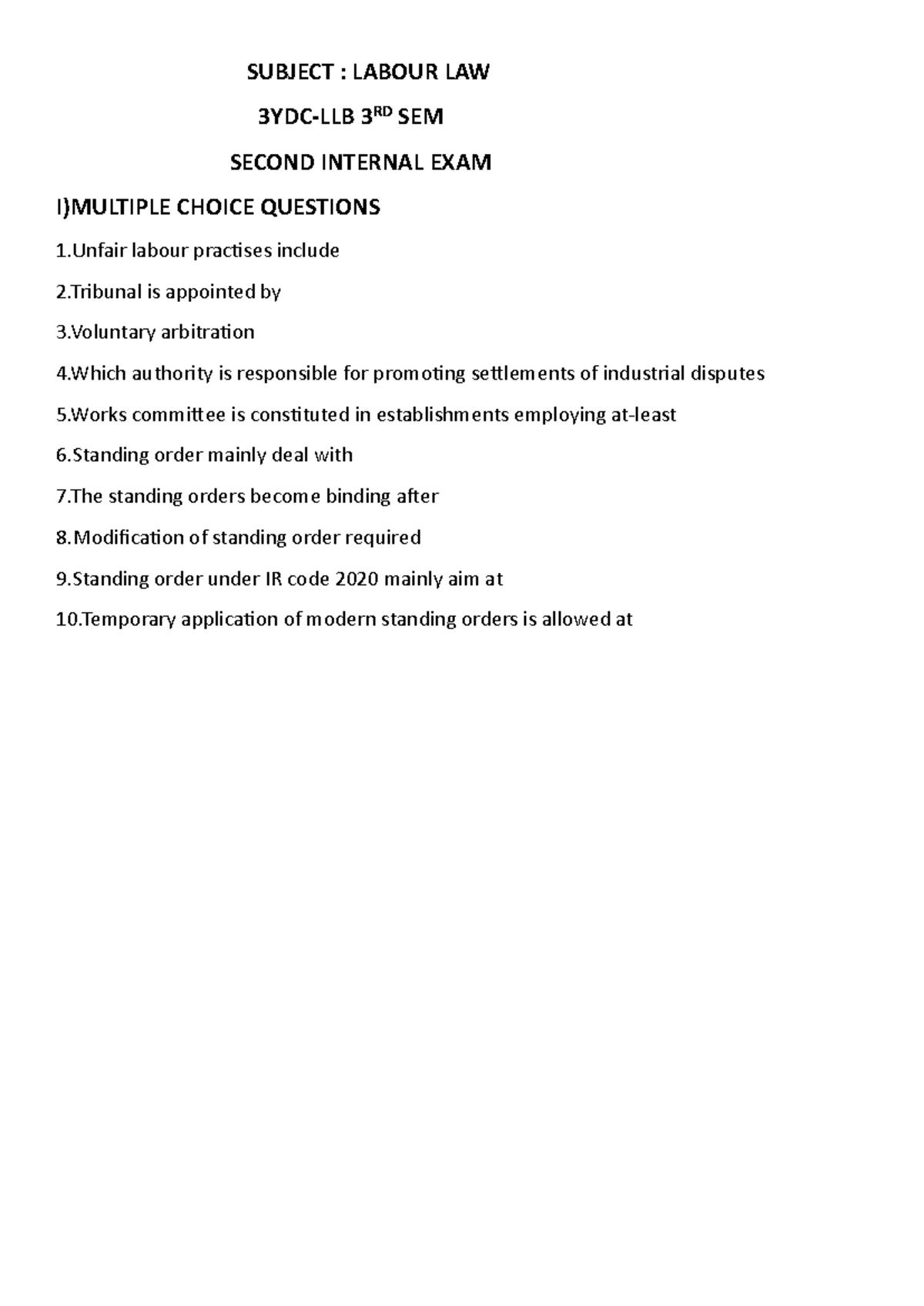 Labour Law 3rd Sem Second Internal Exam Study Notes - Studocu