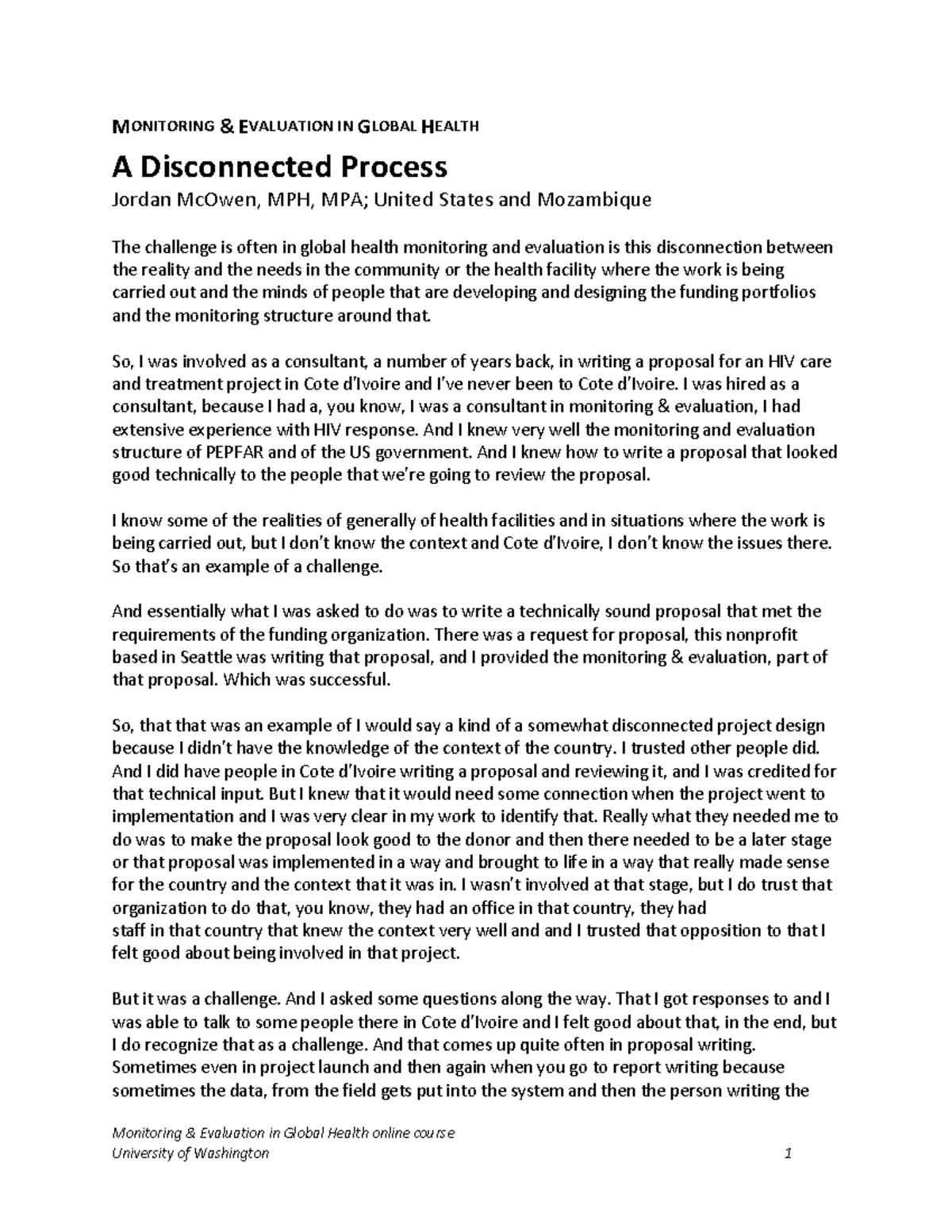 Monitoring & Evaluation in Global Health: Addressing Disconnection ...