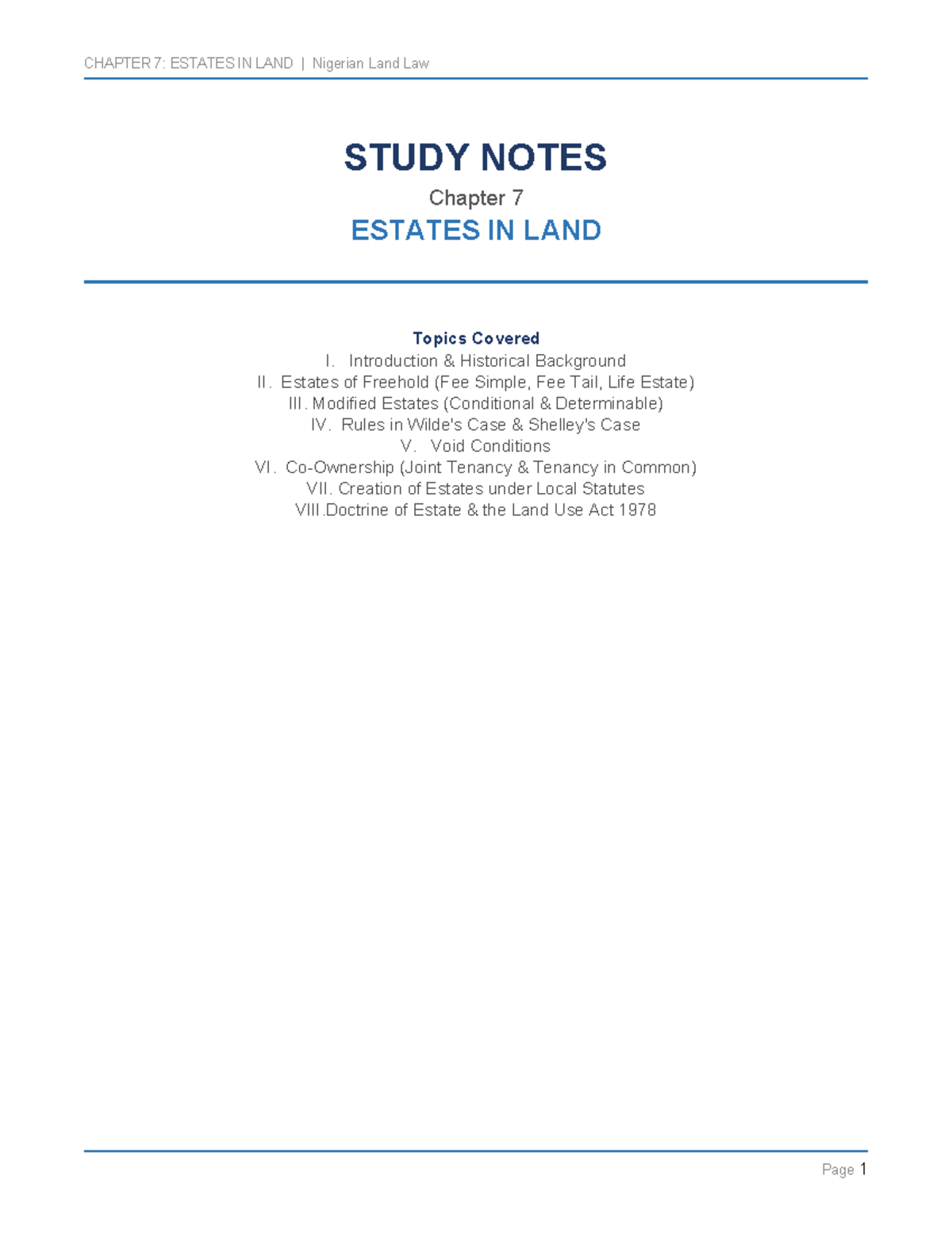 CHAPTER 7: ESTATES IN LAND - Nigerian Land Law Study Notes - Studocu