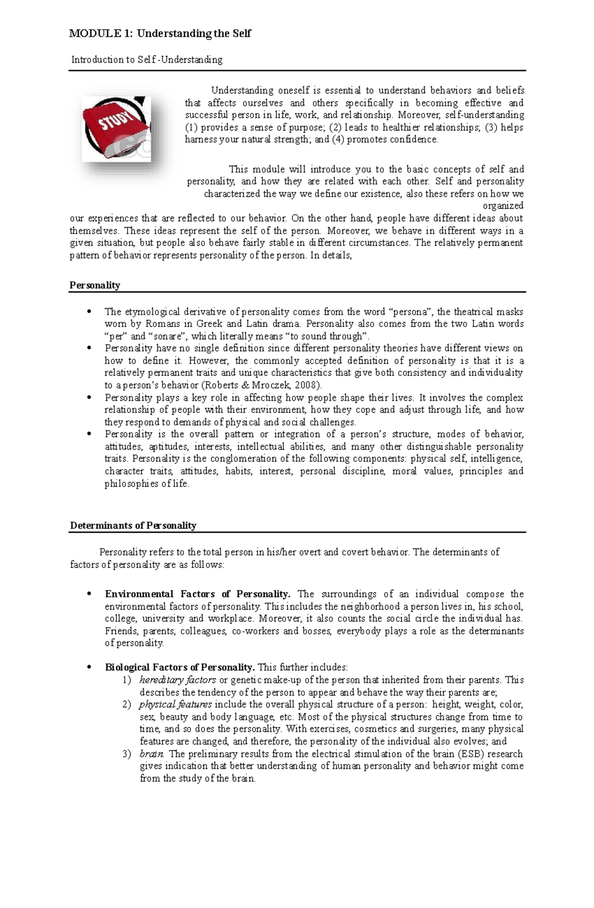 UTS-Module-1 - Understanding the self - MODULE 1: Understanding the Self Introduction to Self ...
