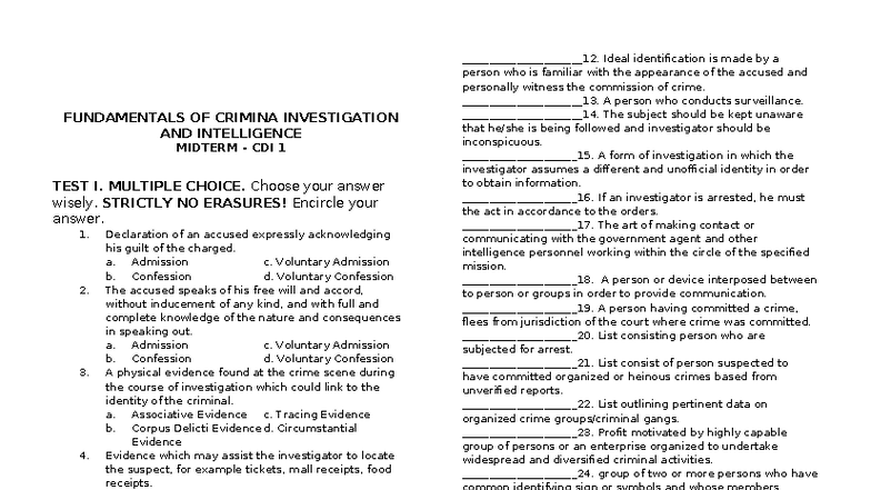 FUNDAMENTALS OF CRIMINAL INVESTIGATION MIDTERM CDI 1 TEST I & II - Studocu