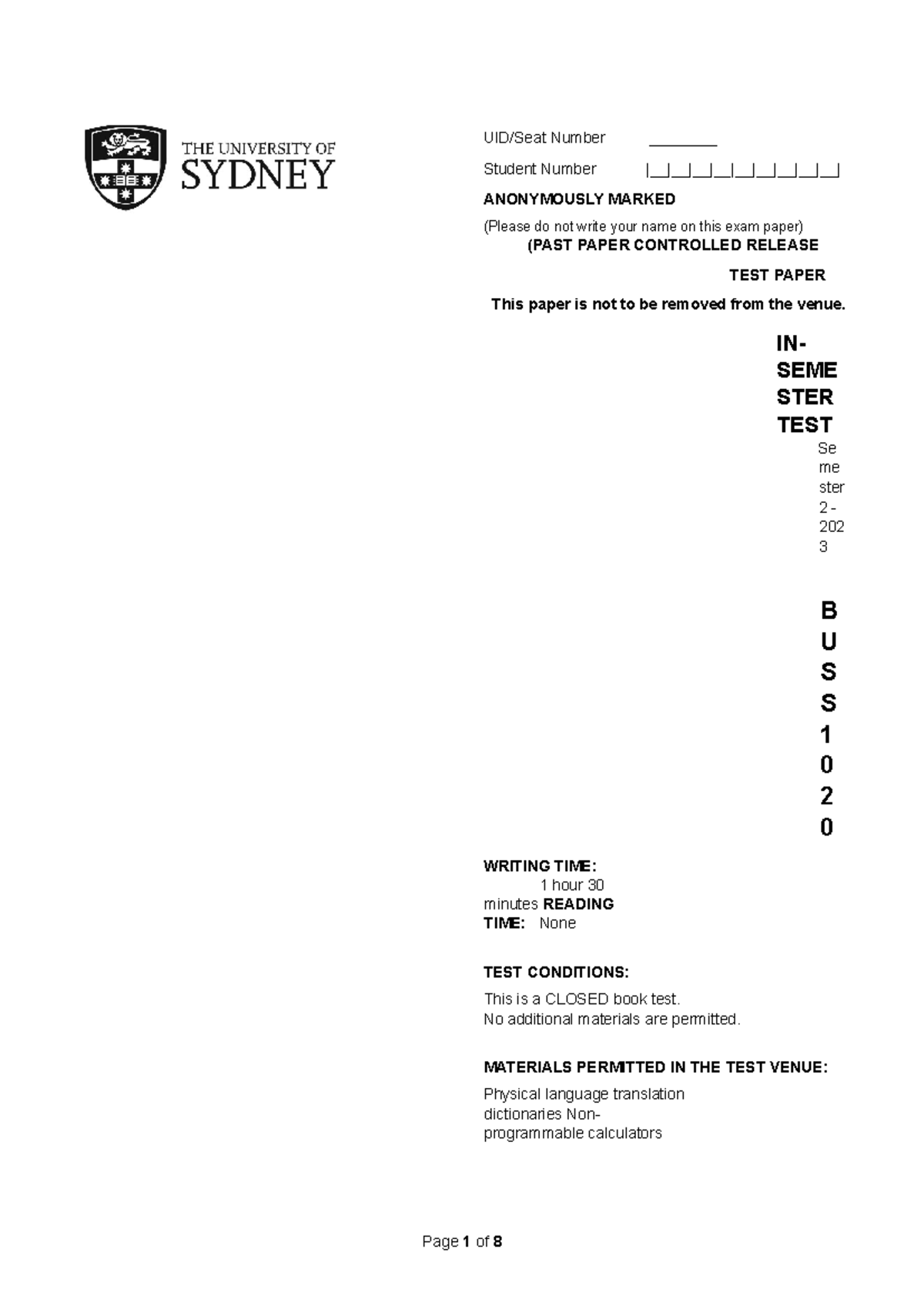 BUSS1020 In Semester Main Test-2023-S2 - UID/Seat Number ...
