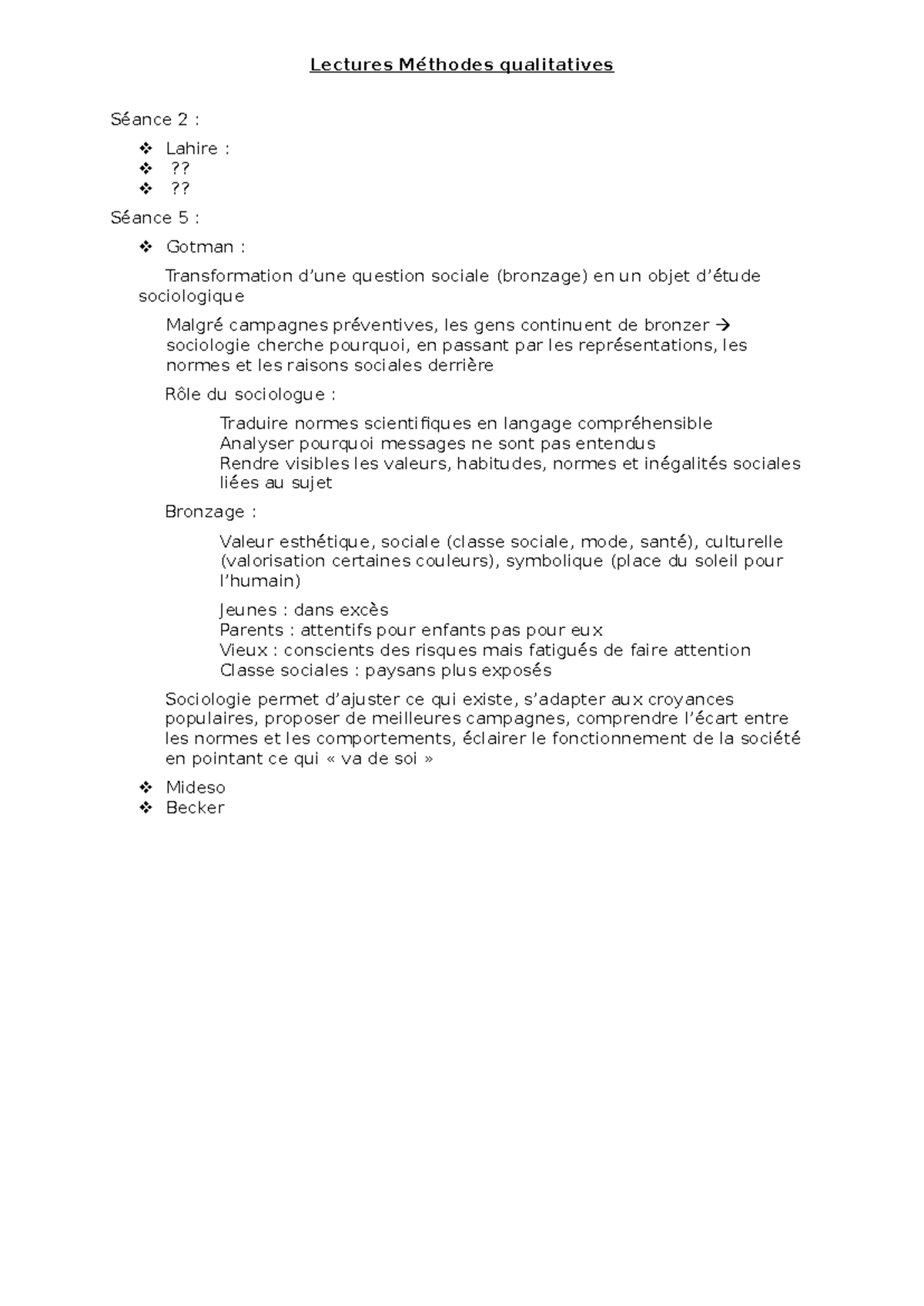 Résumé des lectures Méthodes qualitatives Séance 2 et 5 - Studocu