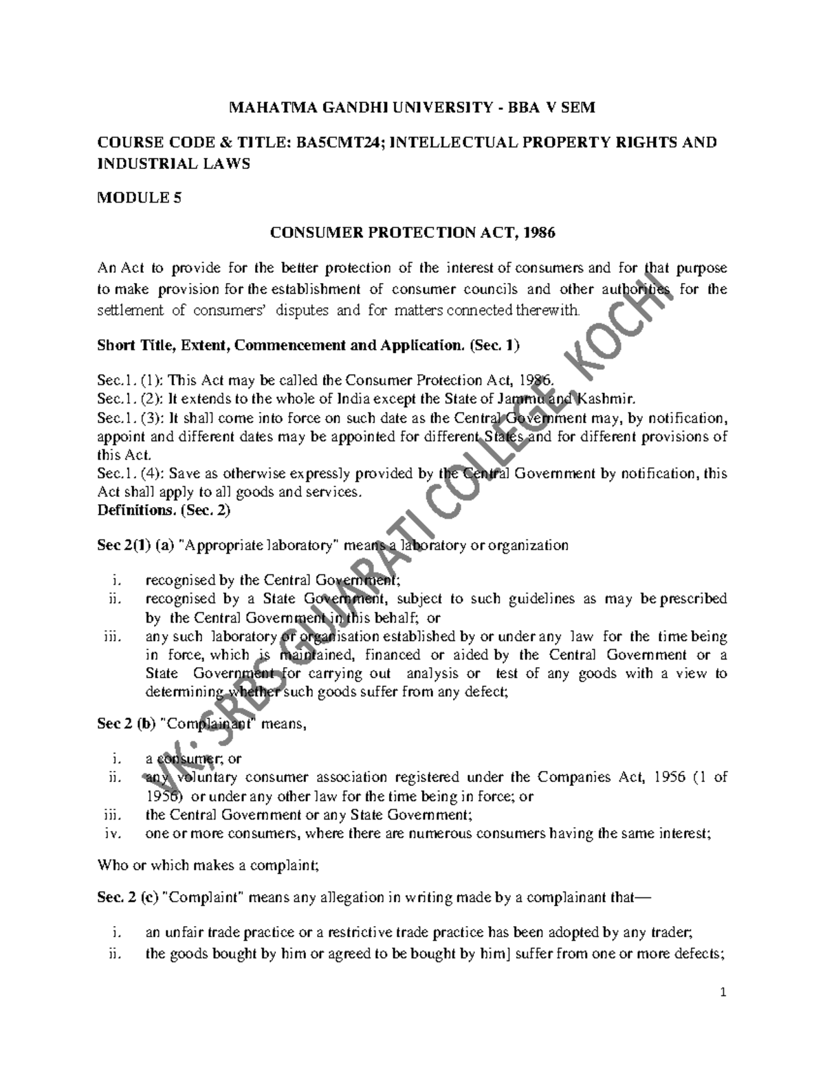 BBA V Sem IPR&IL Module 5: Consumer Protection Act, 1986 Notes - Studocu