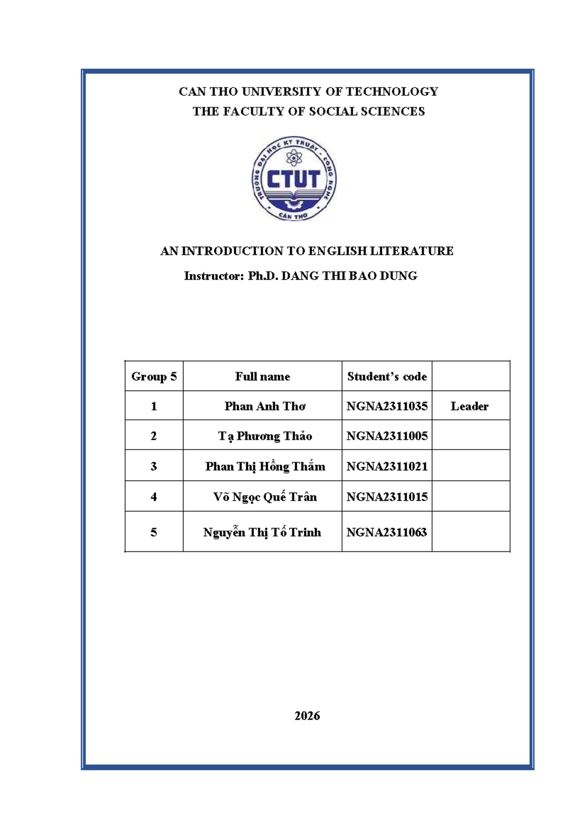 NGNA2311: Introduction to English Literature - Group Analysis and ...
