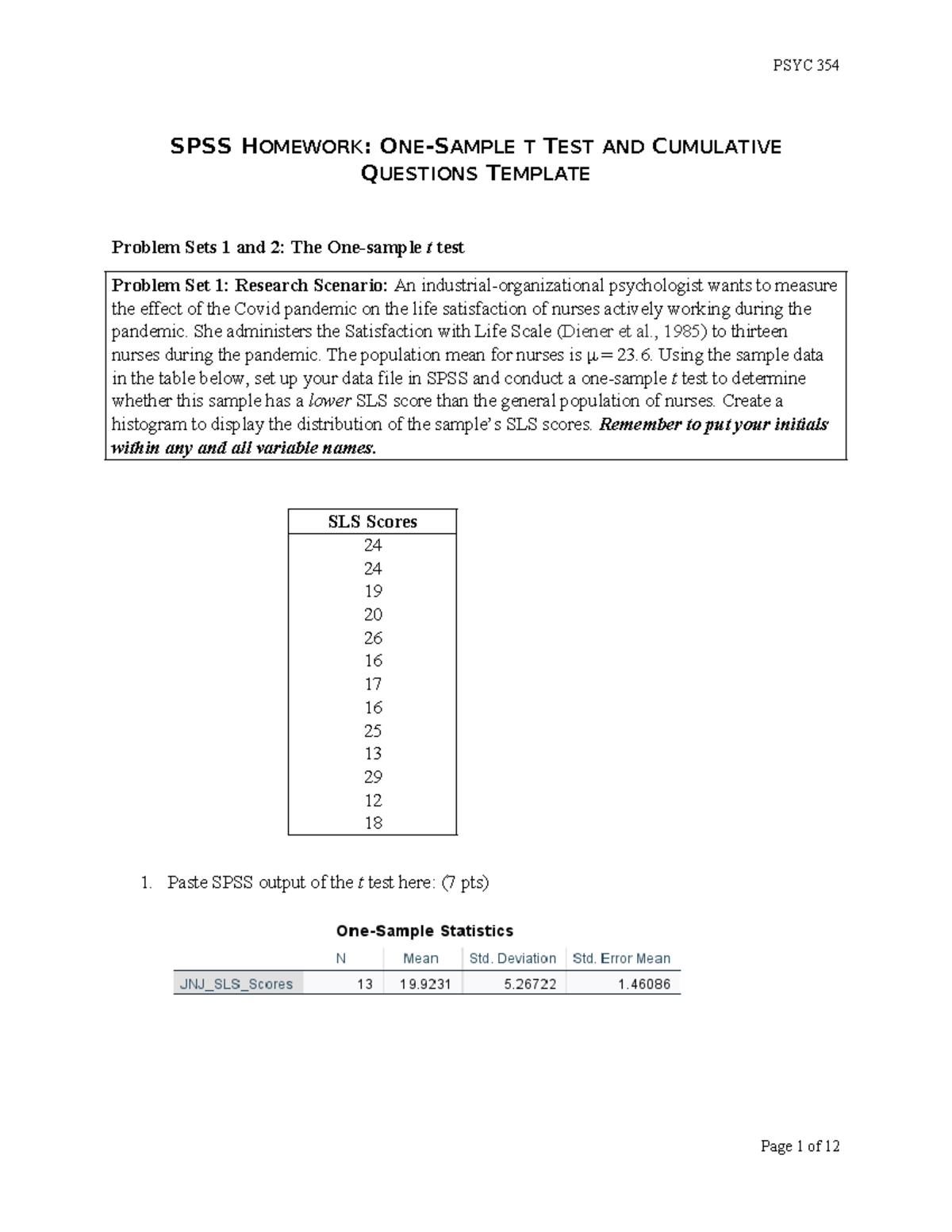 PSYC 354 SPSS Homework: T-Test Analysis & Cumulative Questions - Studocu