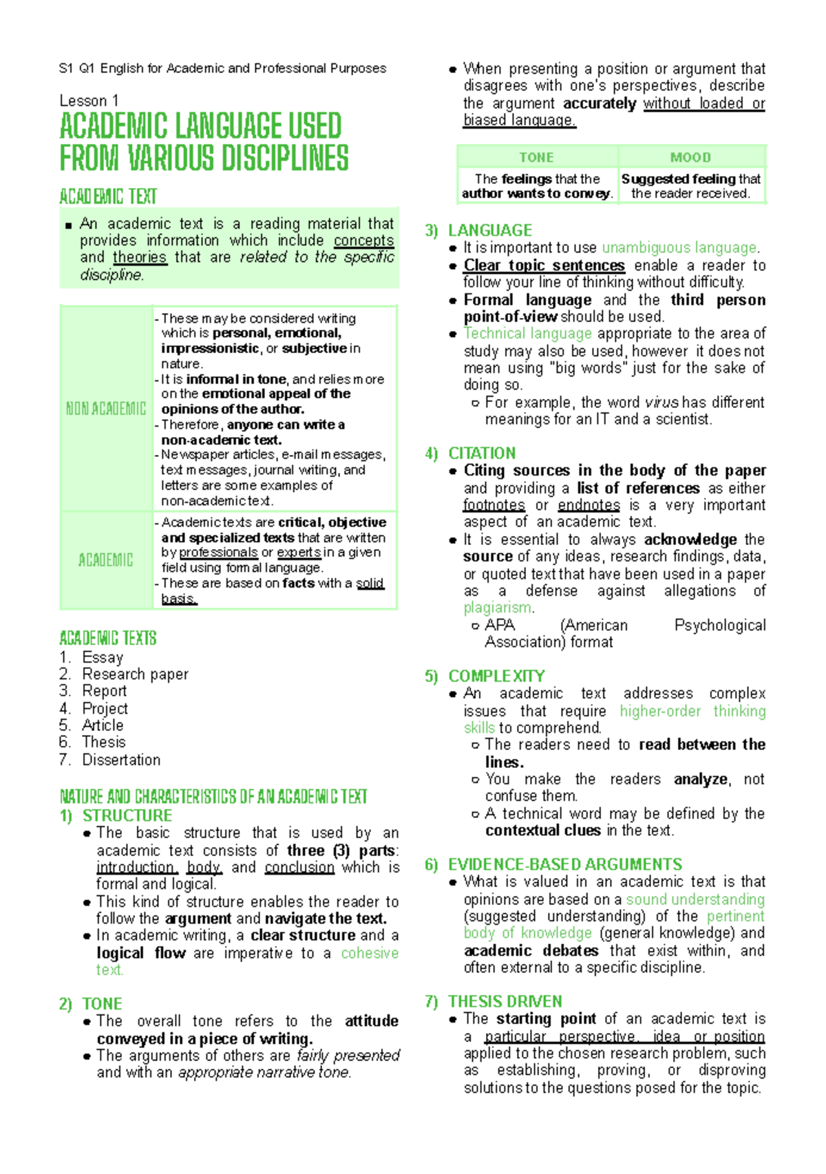 ENGLISH NOTESSS - S1 Q1 English for Academic and Professional Purposes ...