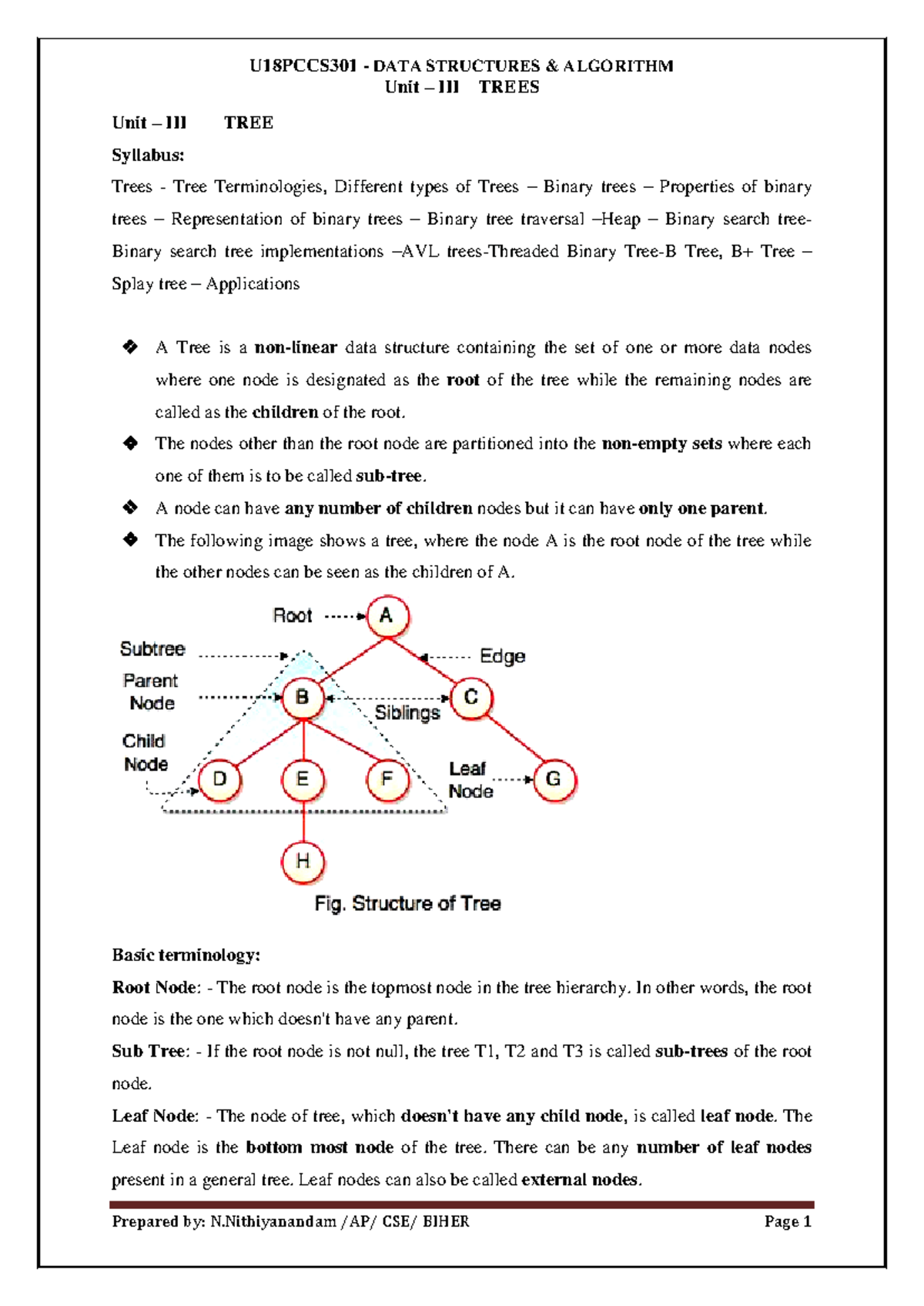 Unit 3: Comprehensive Notes on Trees - DSA UNIT III - Studocu