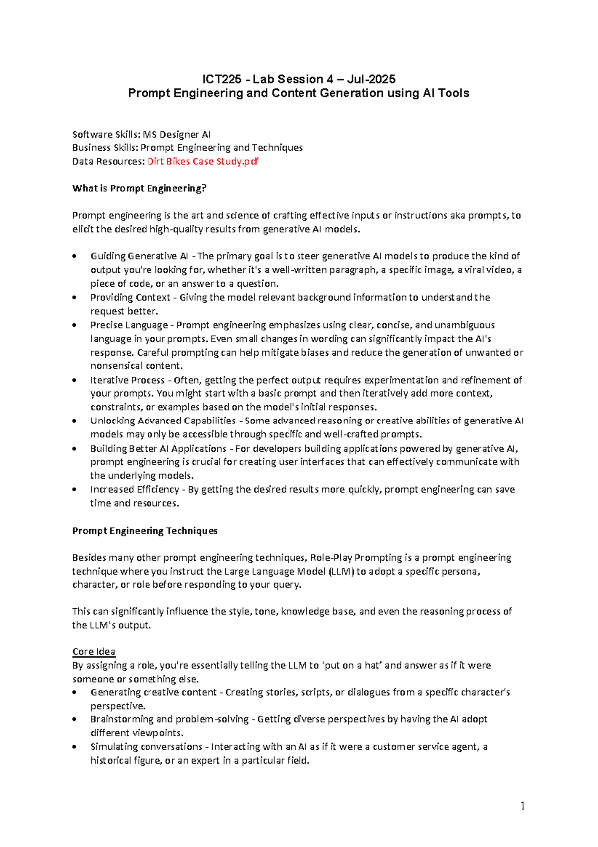 ICT225 Lab Session 4: Prompt Engineering & MS Designer AI Techniques ...