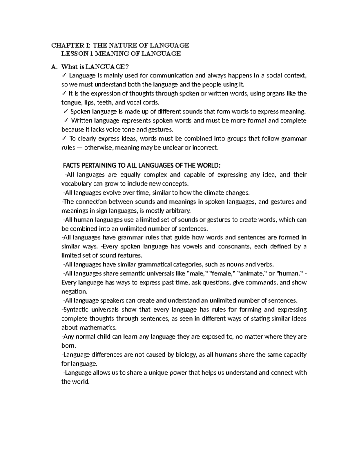 CHAPTER I: THE NATURE OF LANGUAGE - LESSONS 1-5 (LING G1) - Studocu