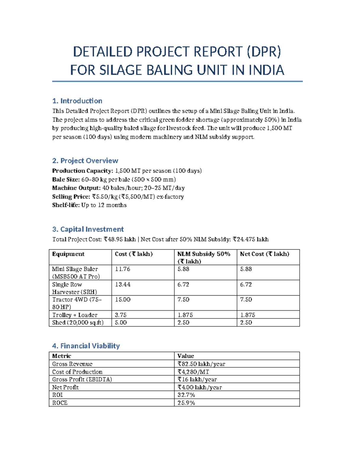 Silage Baling Unit DPR - ABCAAA: Project Overview & Financials - Studocu