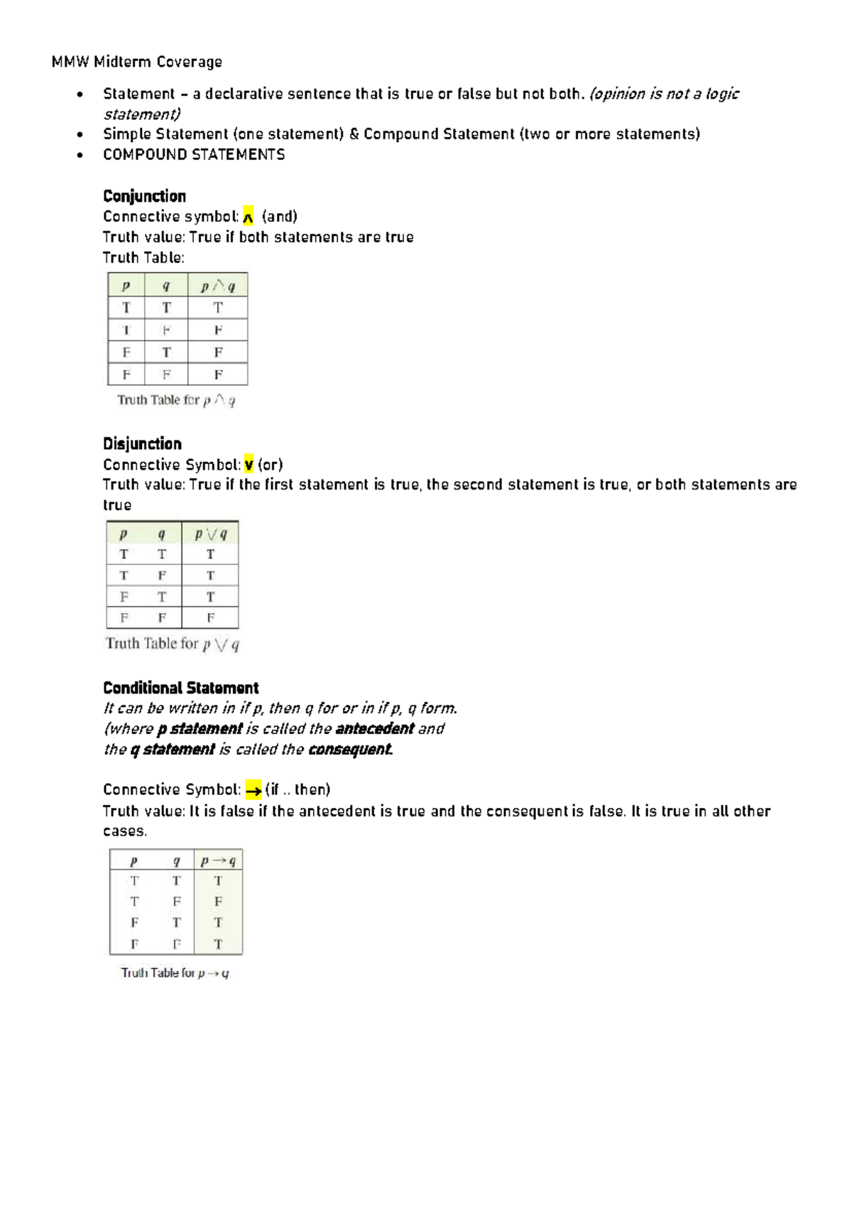 MMW Midterm Lecture Notes on Logic Statements and Truth Values - Studocu
