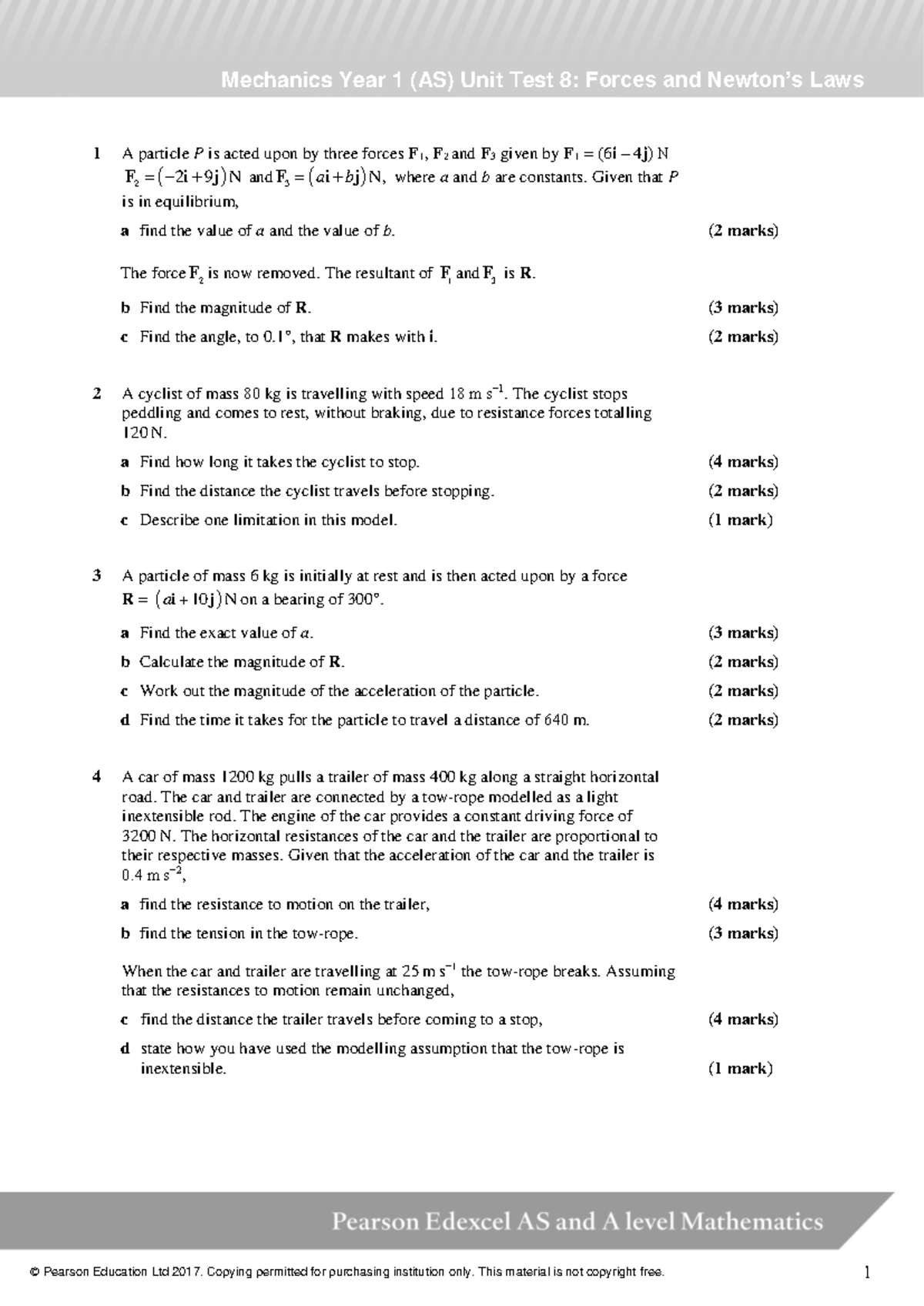 554033537 Mechanics AS Unit Test 8: Forces & Newton's Laws Mark Scheme ...