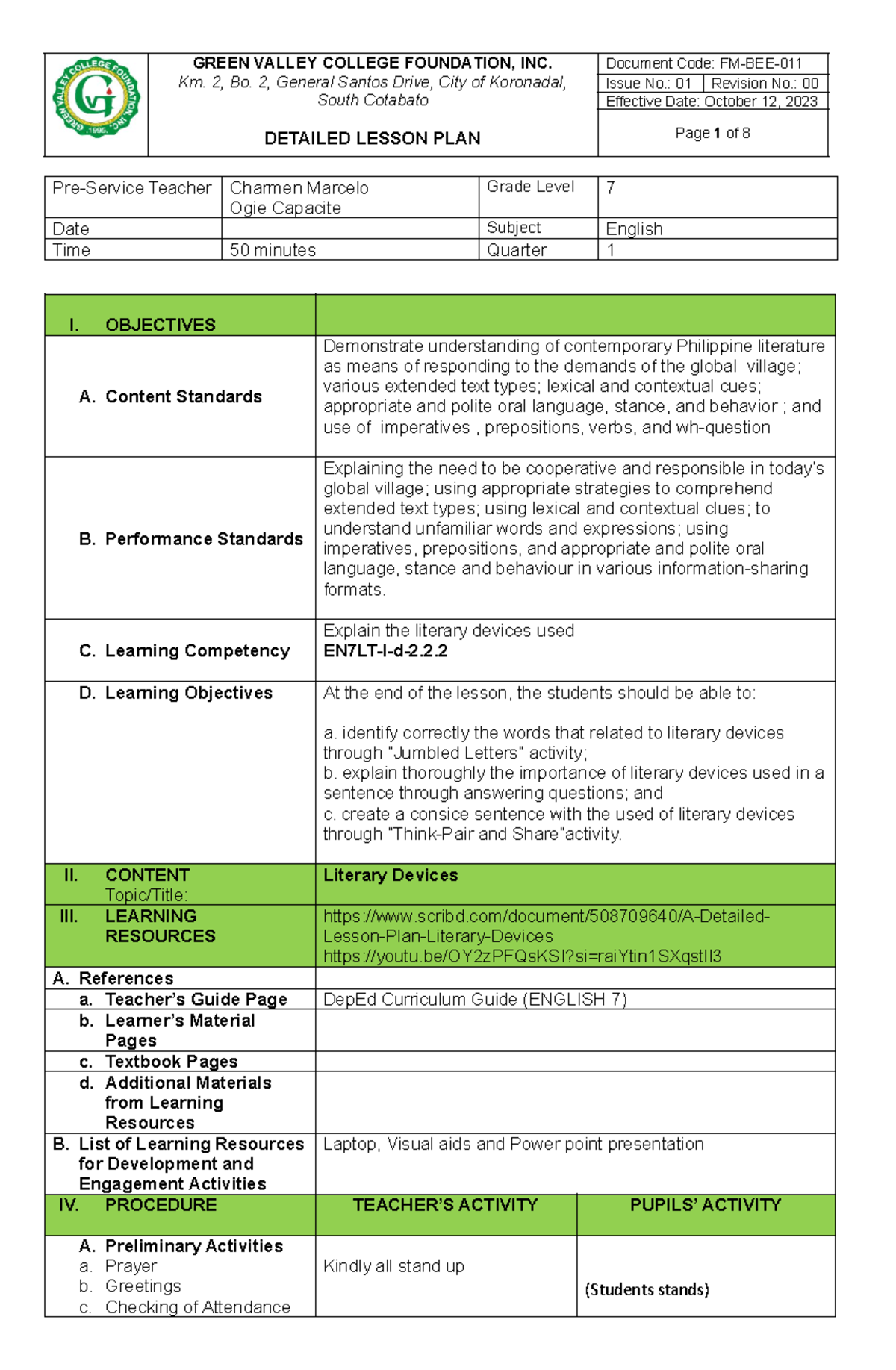 Detailed Lesson Plan on Literary Devices - English 7 - Studocu