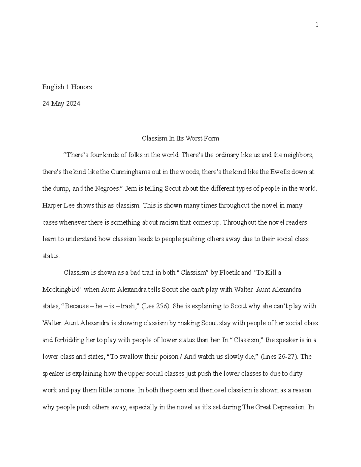 TKAM Essay: Analyzing Classism in Harper Lee's Novel - Studocu