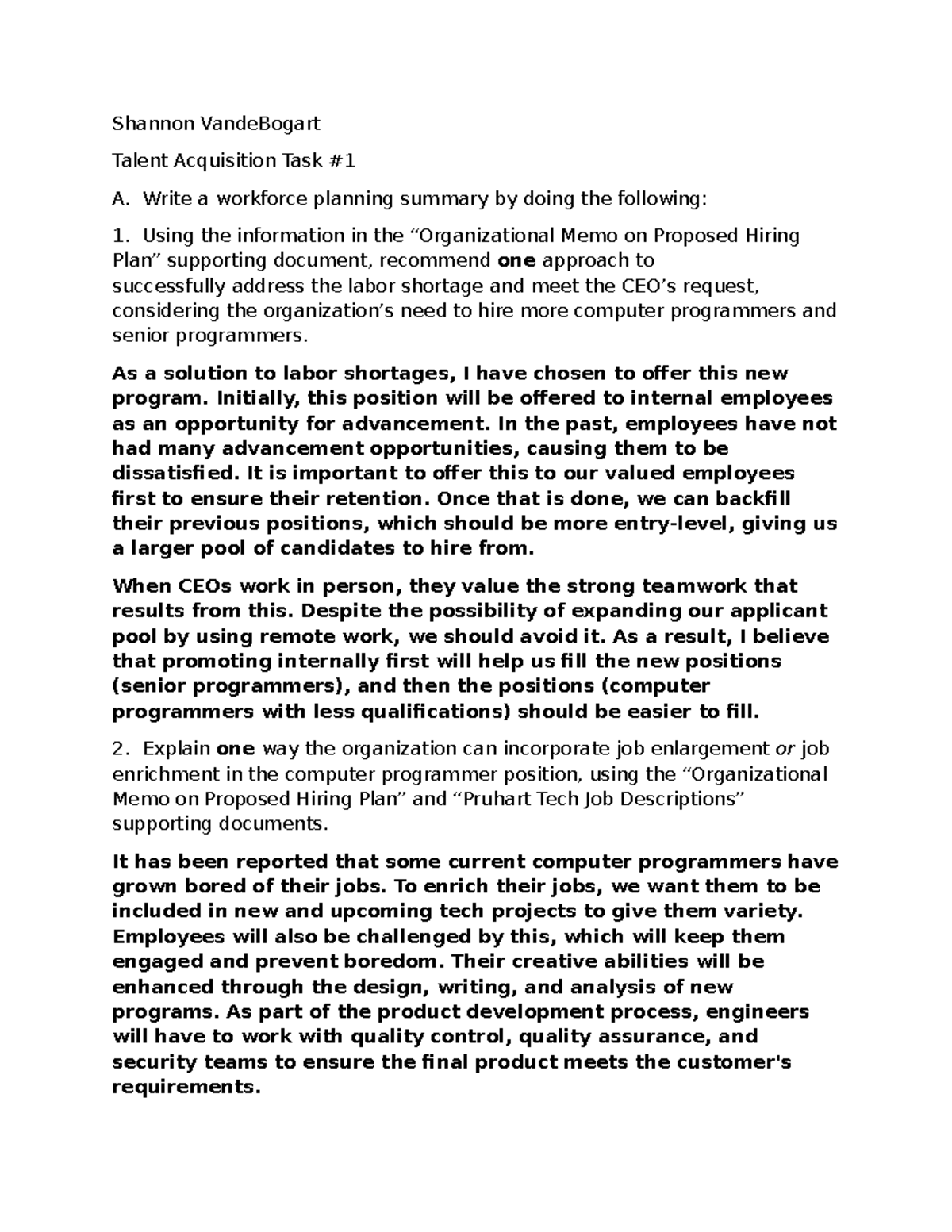 T.A Task 1 - Task 1 - Shannon VandeBogart Talent Acquisition Task # A ...