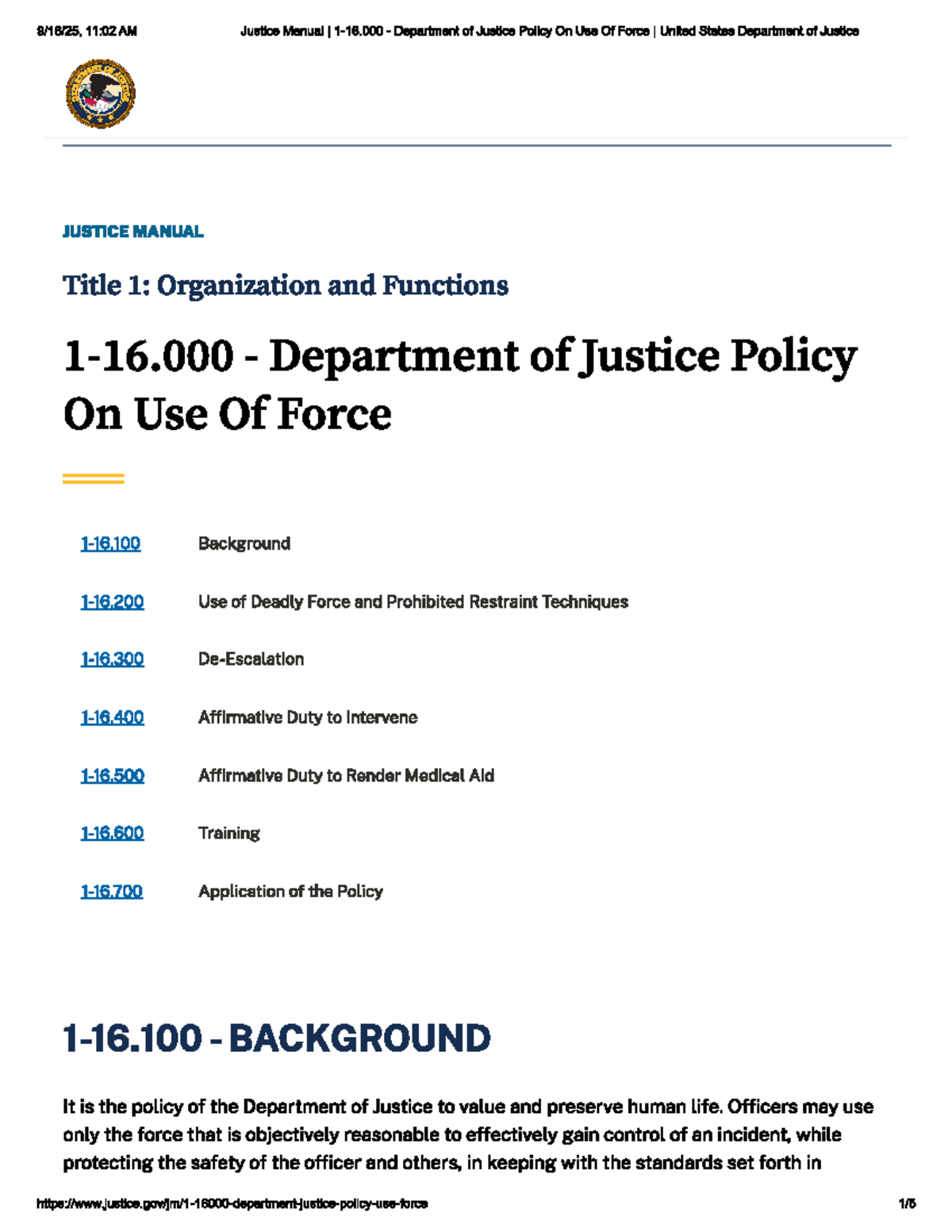 Justice Manual I: DOJ Policy on Use of Force Overview - Studocu