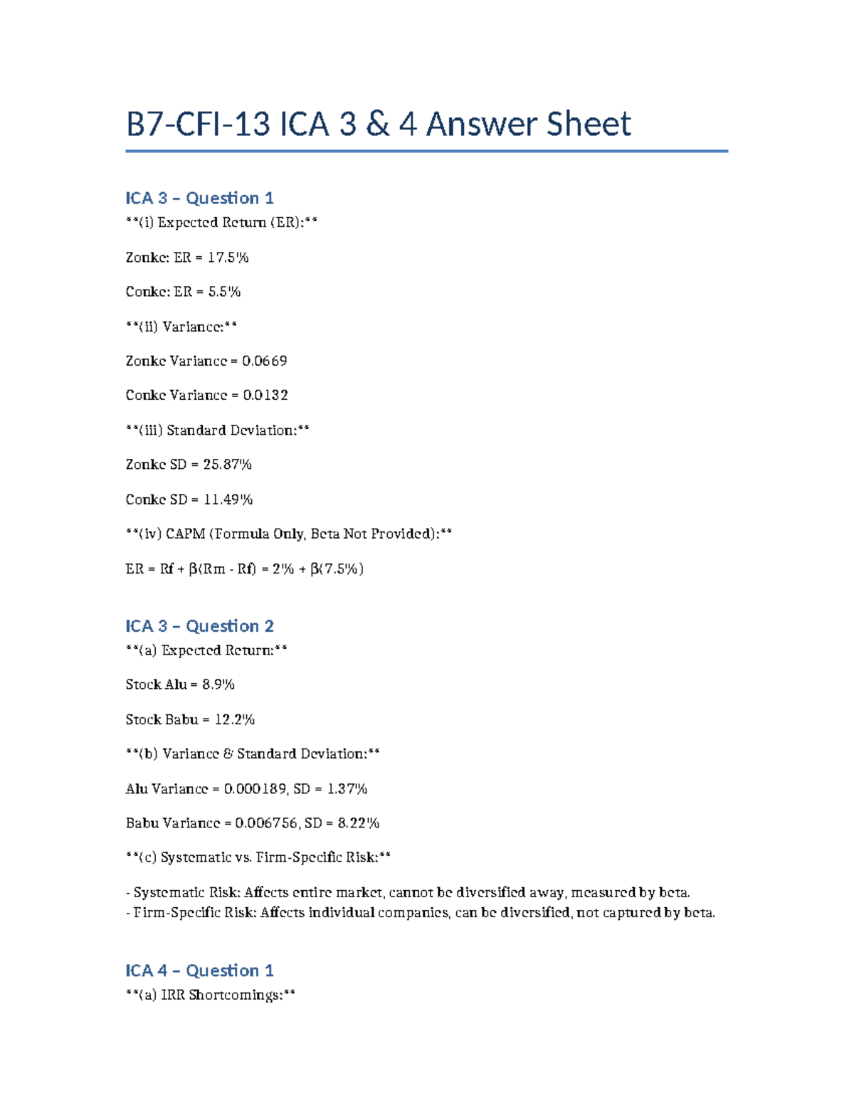 B7-CFI-13 ICA 3 & 4 Answer Sheet: Expected Returns & Risks - Studocu