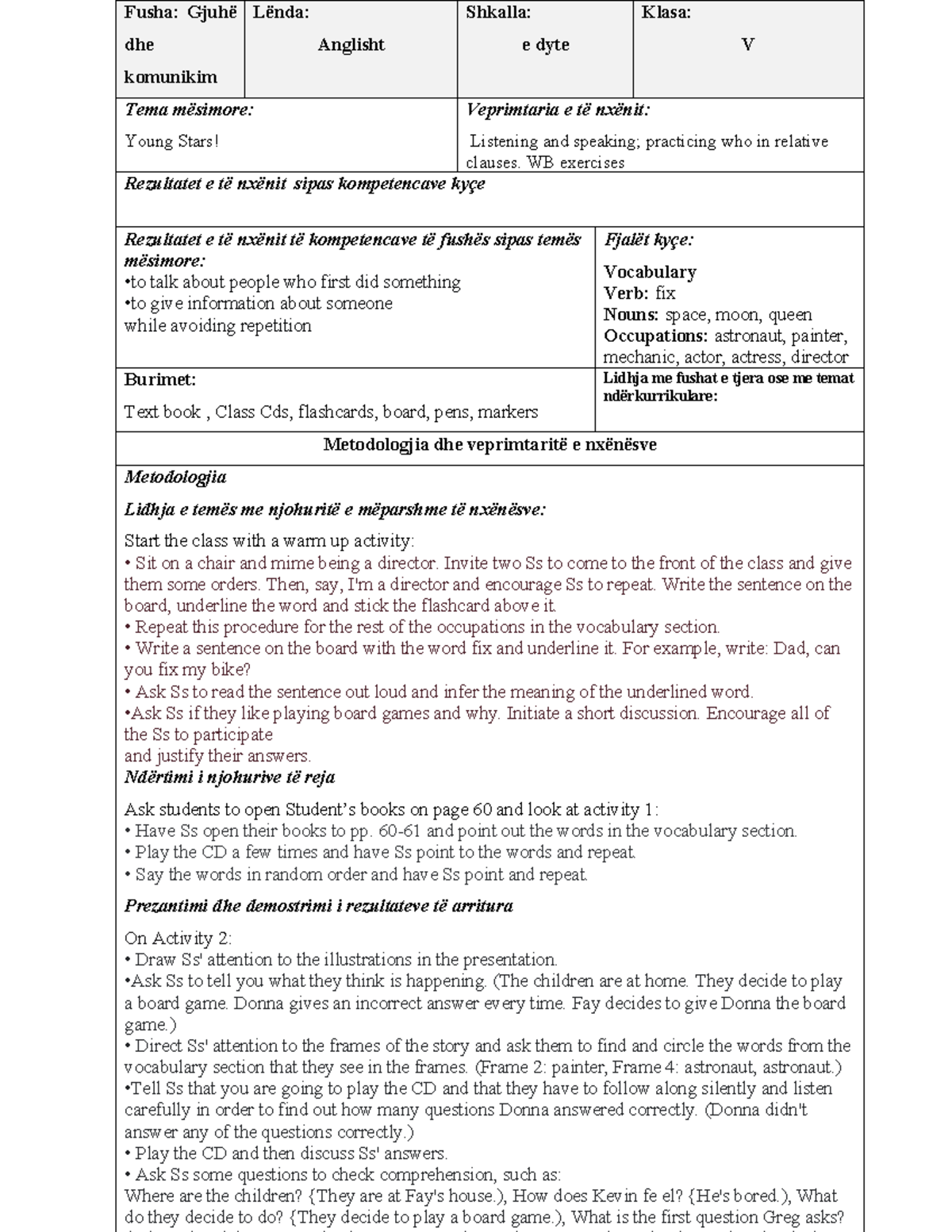 Young Stars - Lesson Plan for English Class 5 - Second Grade - Studocu