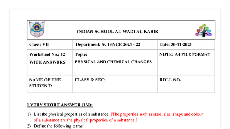 Class 7 Science Worksheet: Physical and Chemical Changes - WS with ...