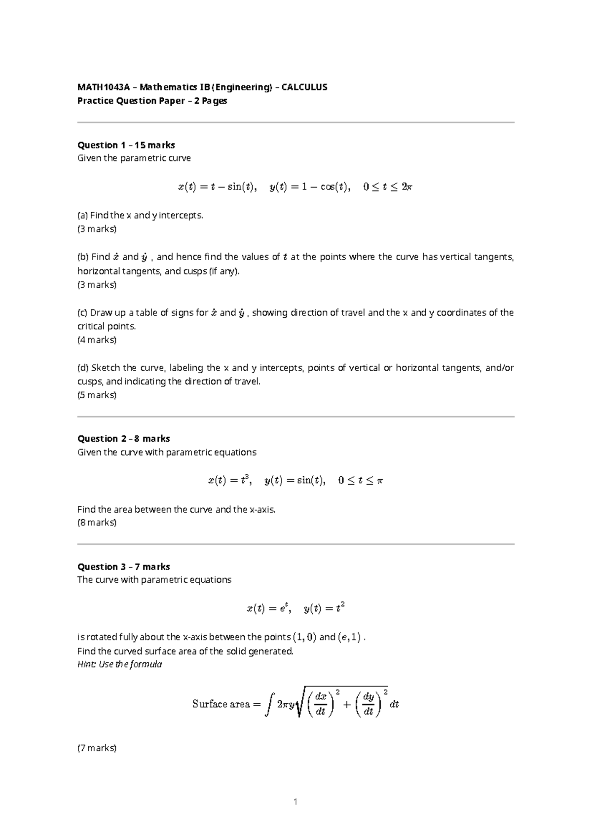MATH1043A Calculus Practice Questions on Parametric Curves - Studocu
