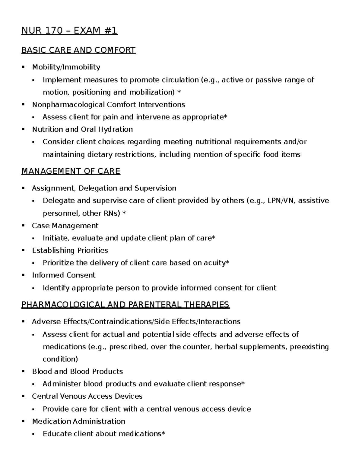 NUR 170 – EXAM #1 OUTLINE: Basic Care, Comfort & Management of Care ...