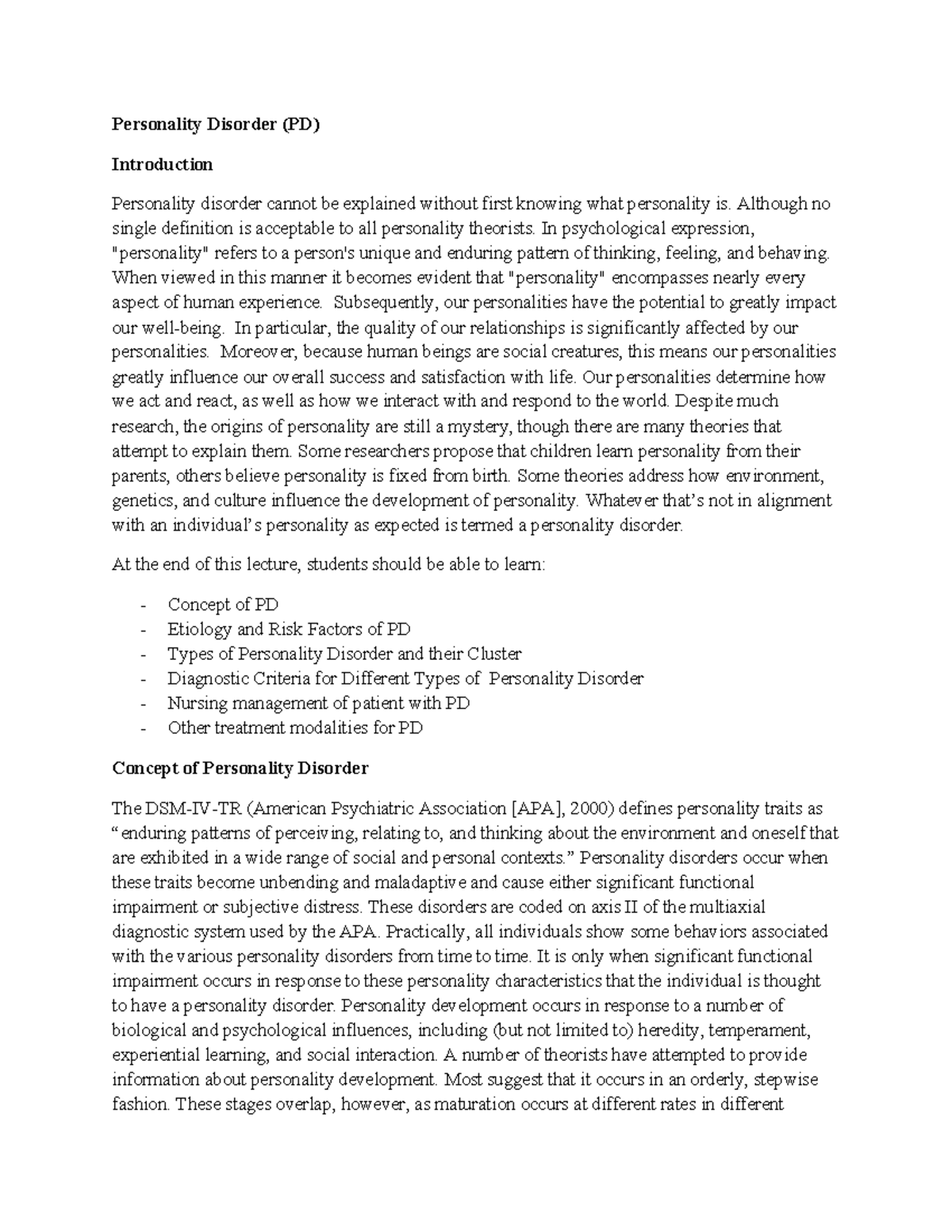 Introduction to Personality Disorders (PD): Concepts, Types, and ...