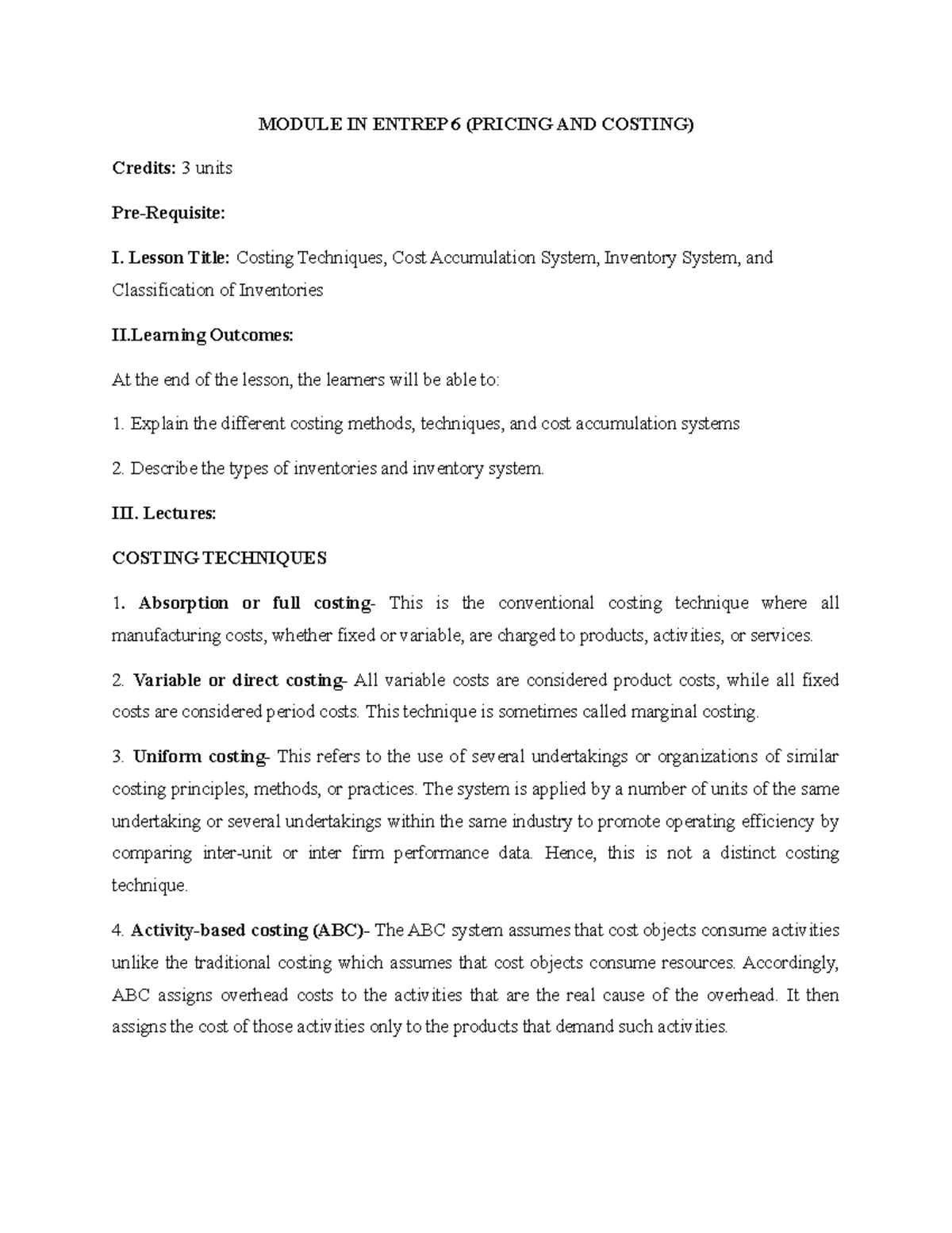 Entrep 6 Lesson 2: Costing Techniques and Inventory Systems - Studocu