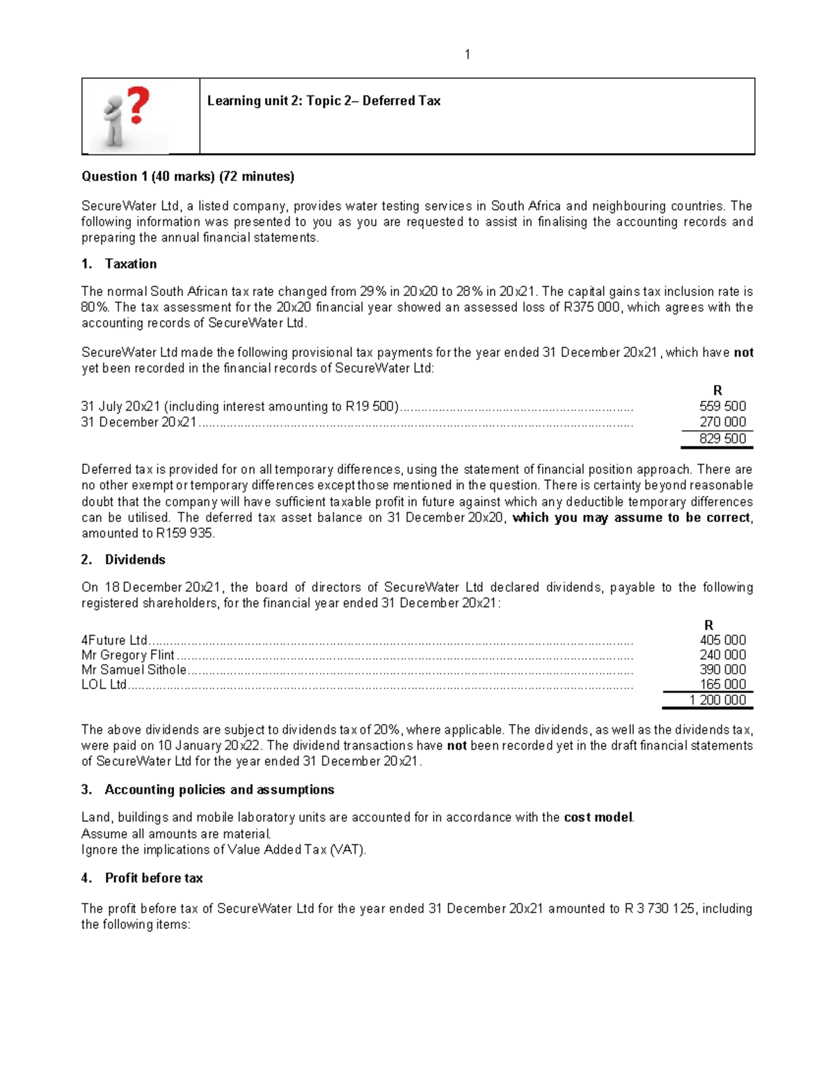 Deferred Tax and Financial Statements Analysis for SecureWater Ltd ...