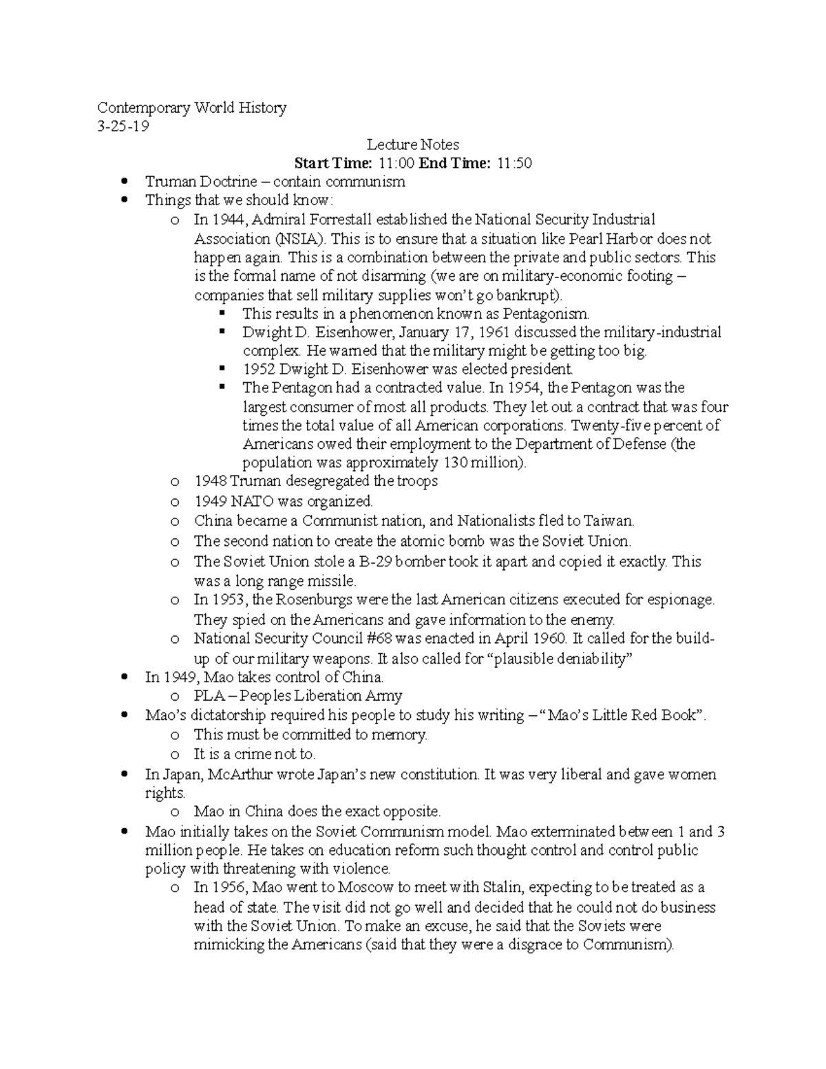 Contemporary World History Lecture Notes (3-25-19) - Studocu