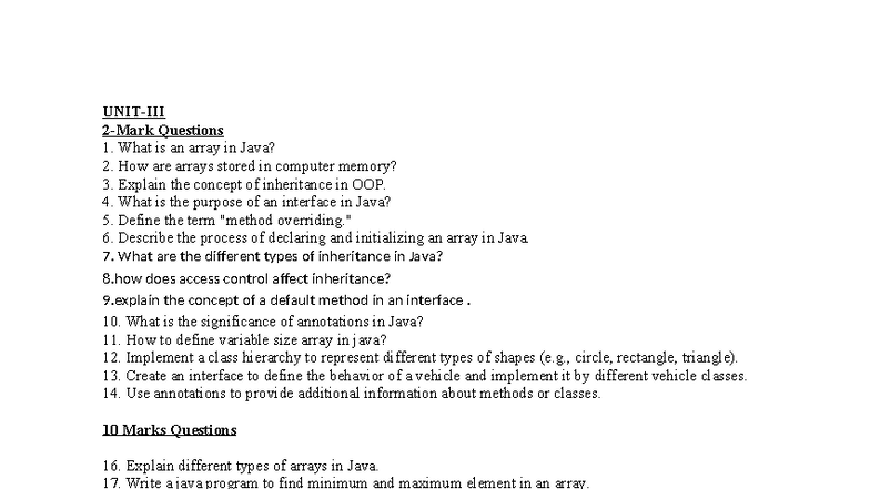 Java Unit3 - Important Questions on Arrays and Inheritance - Studocu