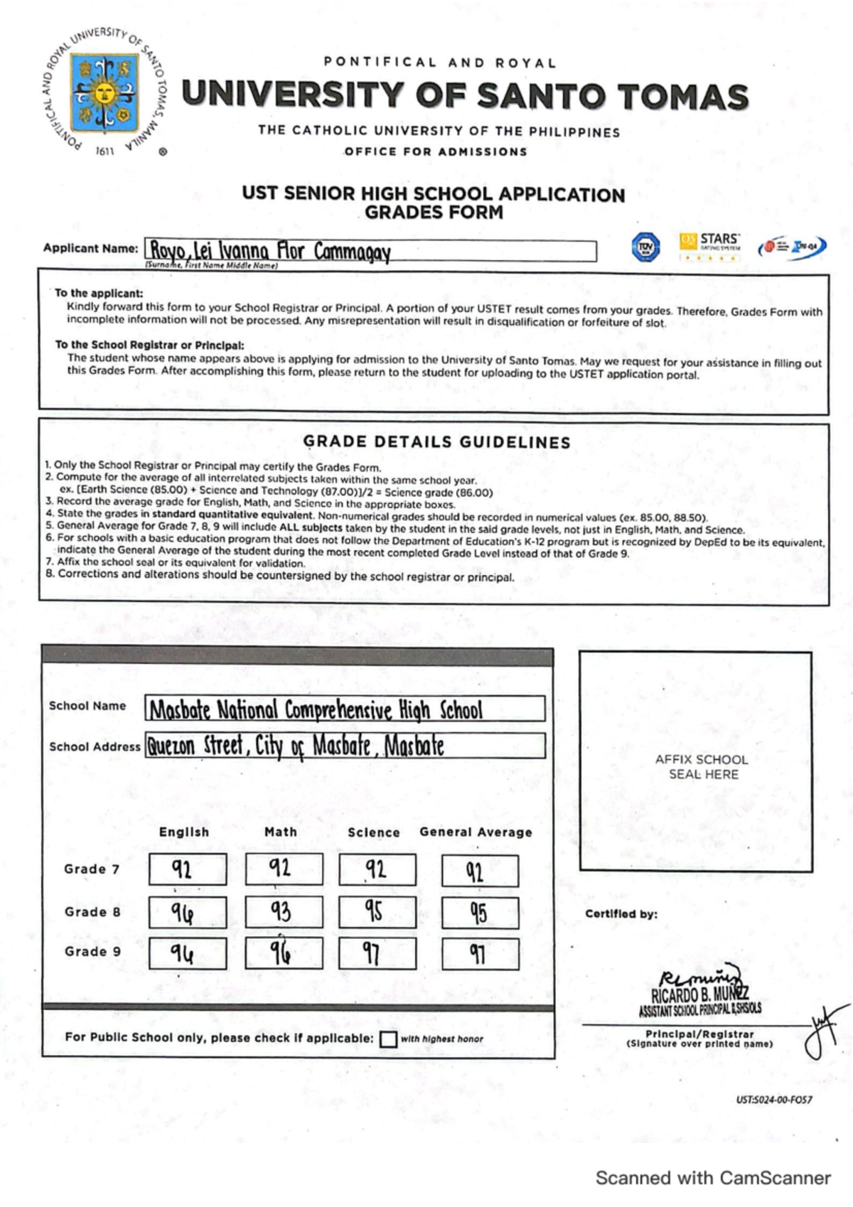 UST-SHS Application Grades Form for USTET Admission - Studocu