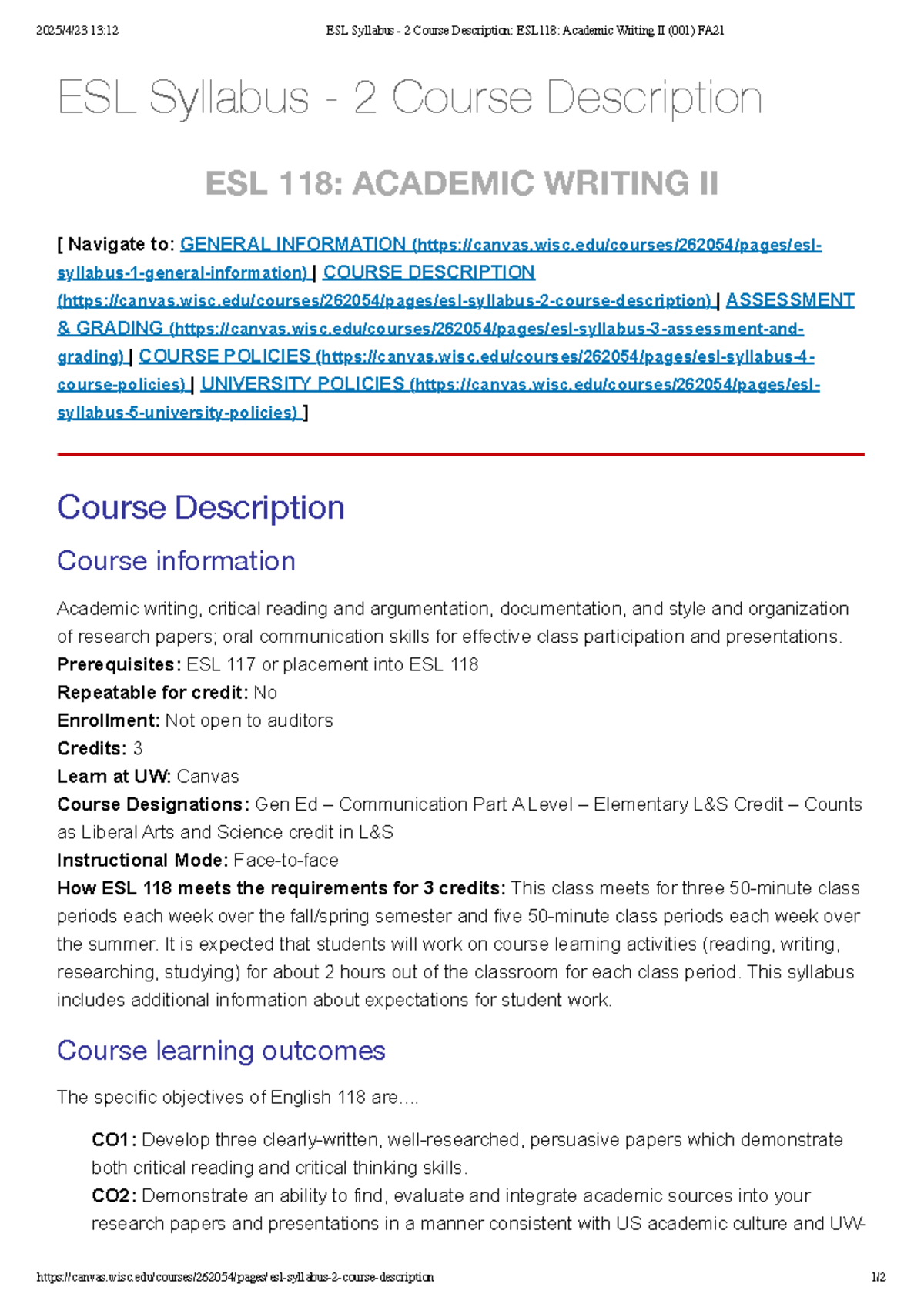 ESL 118: Academic Writing II Syllabus & Course Overview FA21 - Studocu