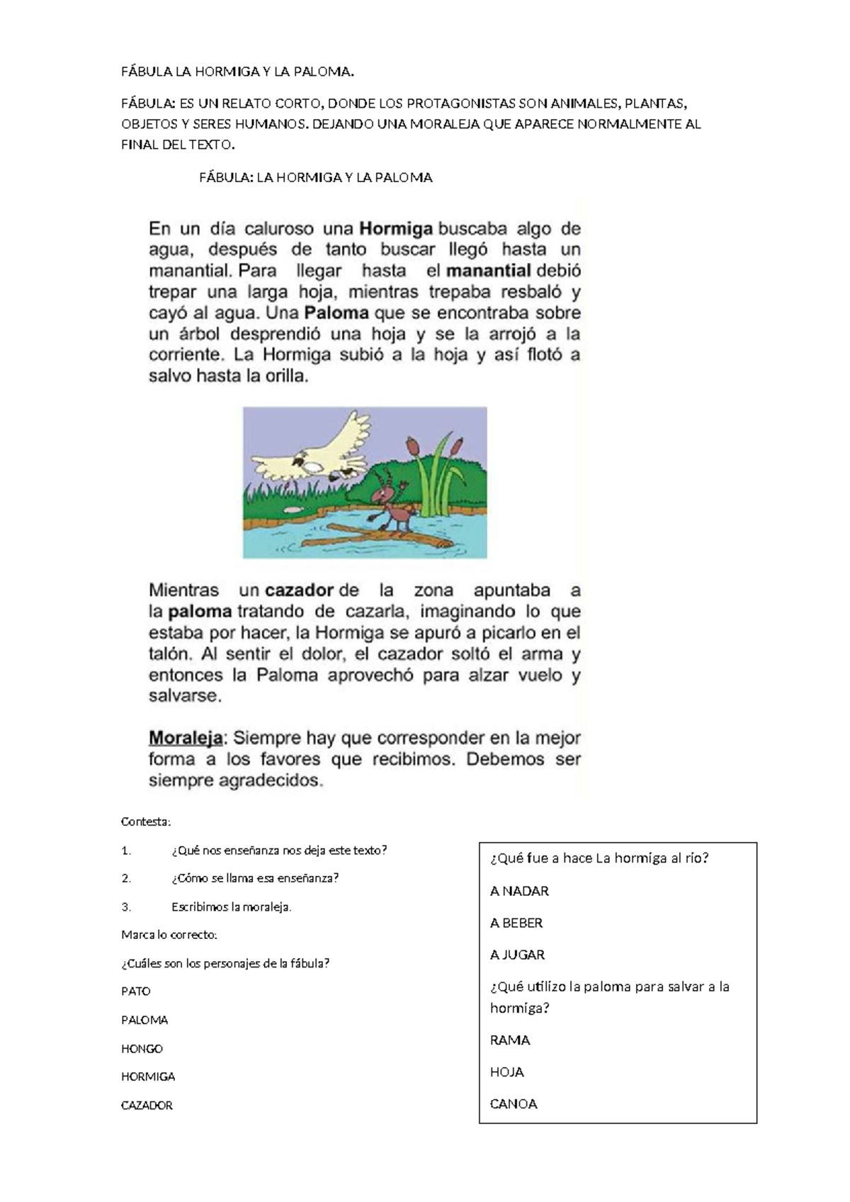 Fábula LA Hormiga Y LA Paloma - FÁBULA LA HORMIGA Y LA PALOMA. FÁBULA ...